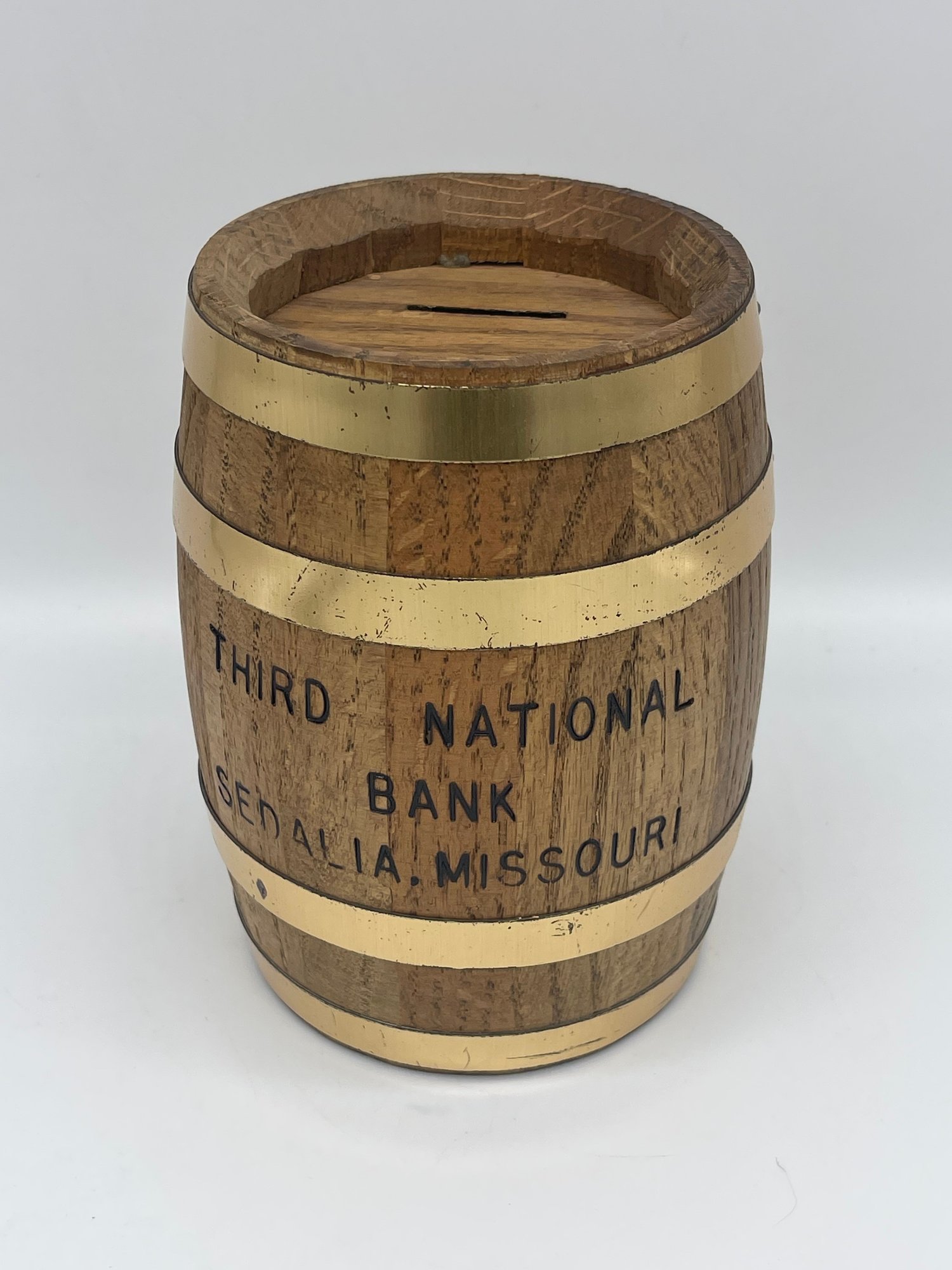 Vintage Oak Wood Banded Barrel Safe Coin Bank Third National Sedalia Mo ...