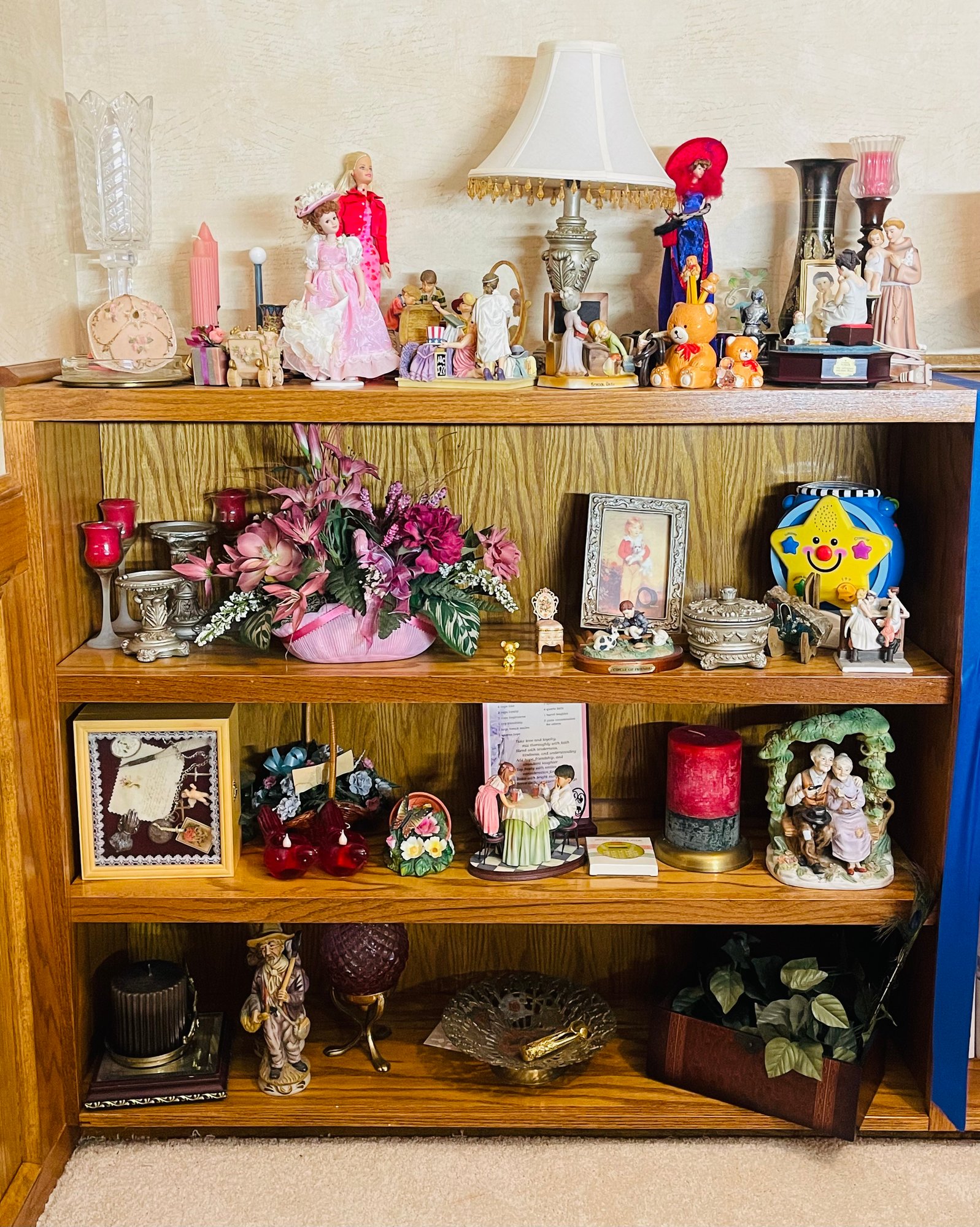 Group Lot Contents Of Shelf Barbie Dolls Figurines Music Box Candles ...