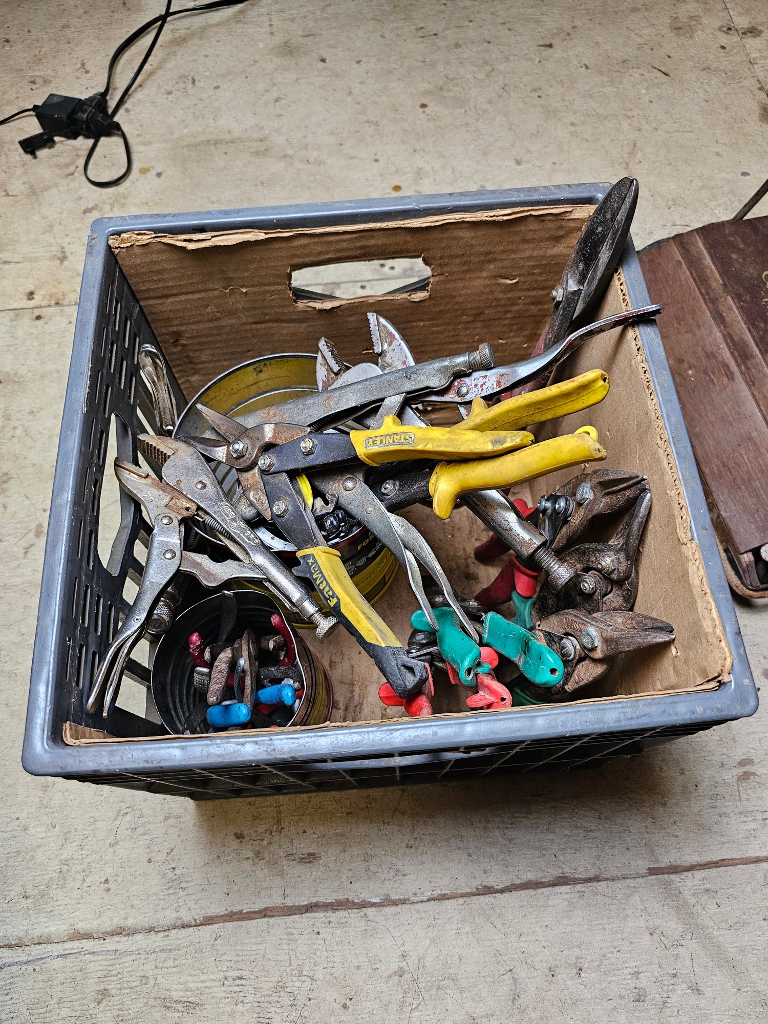 Dairy Crate Full Of Hand Tools (mostly Plier, Snips, Vise Grips Etc ...