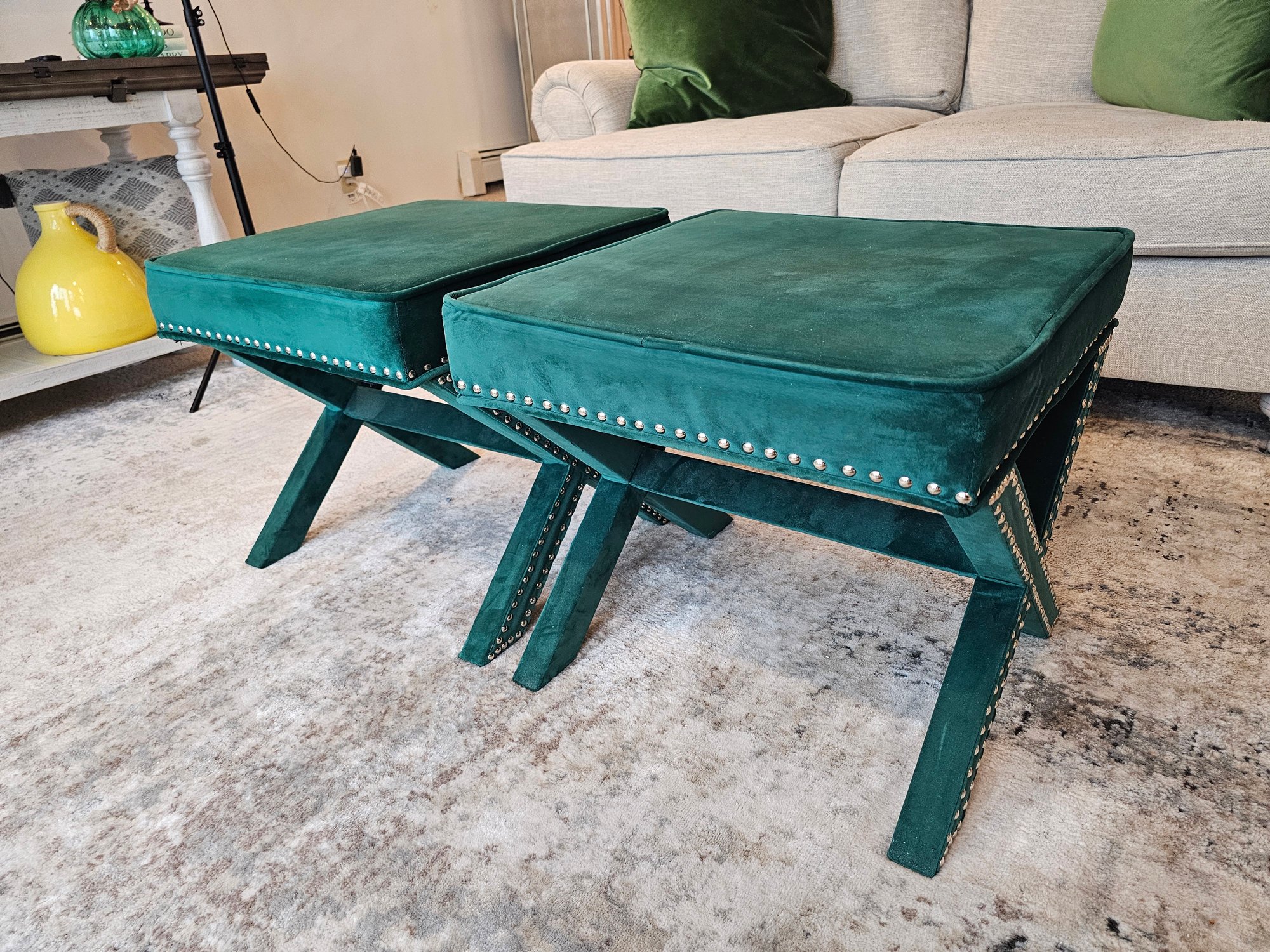 Two Green Velvet Foot Stools/tables #8108 | Auctionninja.com