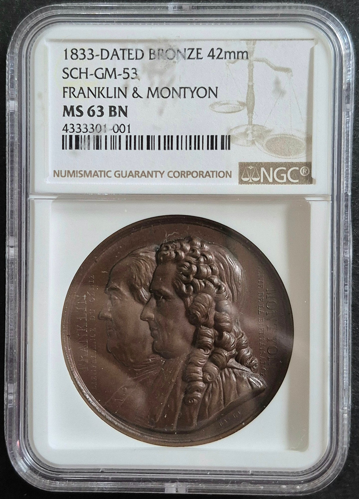1833 FRANKLIN AND MONTYON 42 MM BRONZE MEDAL NGC MS-63 #14501 ...