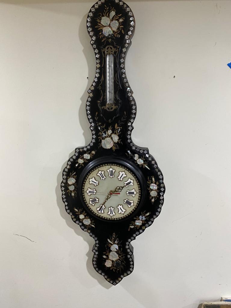Antique Wood Inlaid Mother - Of Pearl Wall Clock With Barometer #4299 ...