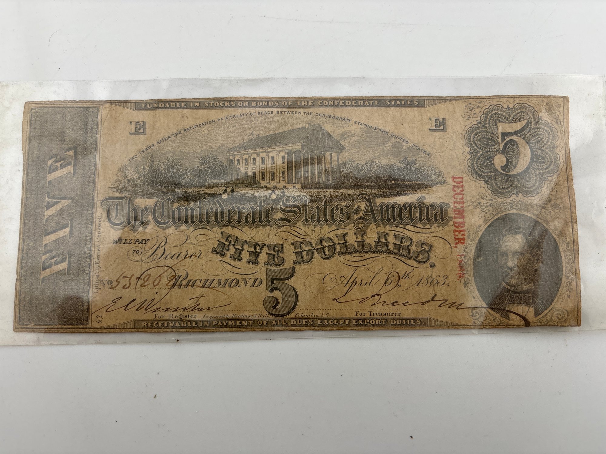 Authentic Confederate 5 Dollar Bill 1863 #2826 | Auctionninja.com