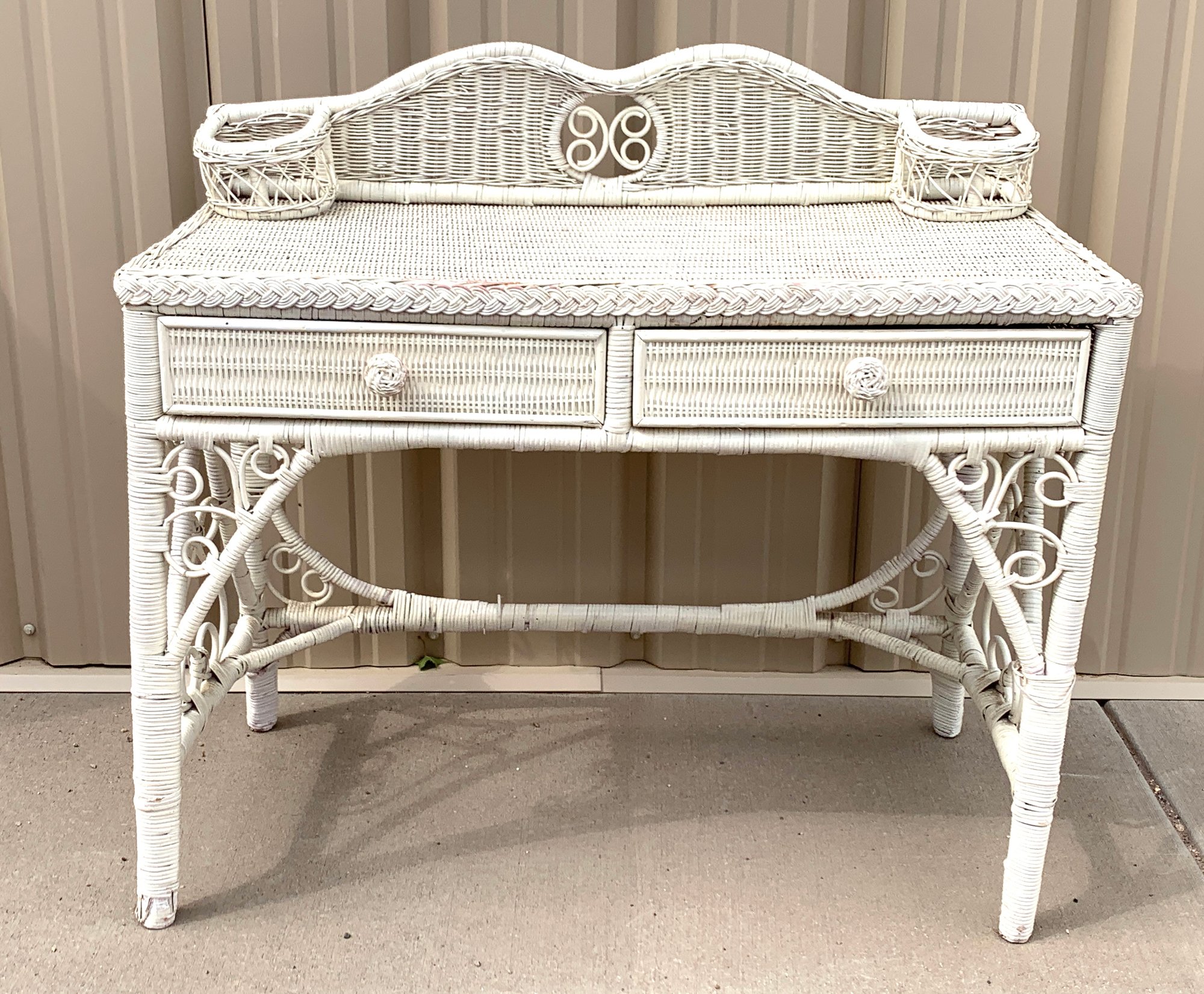 Vintage Wicker Desk With Two Drawers Painted White Other Colors Evident ...