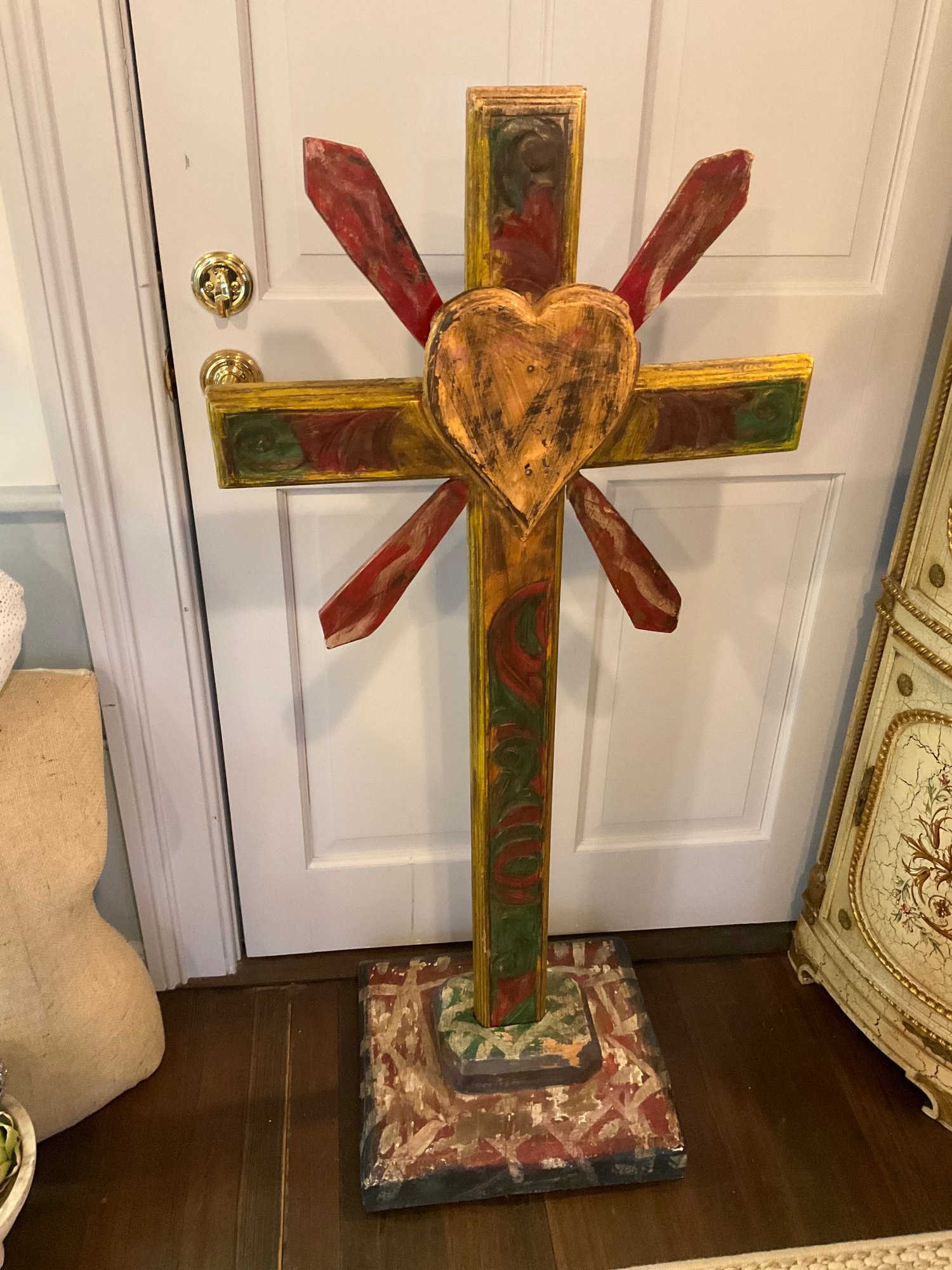 Vintage Mexican Hand Carved And Painted Wooden Cross On Stand (Circa ...