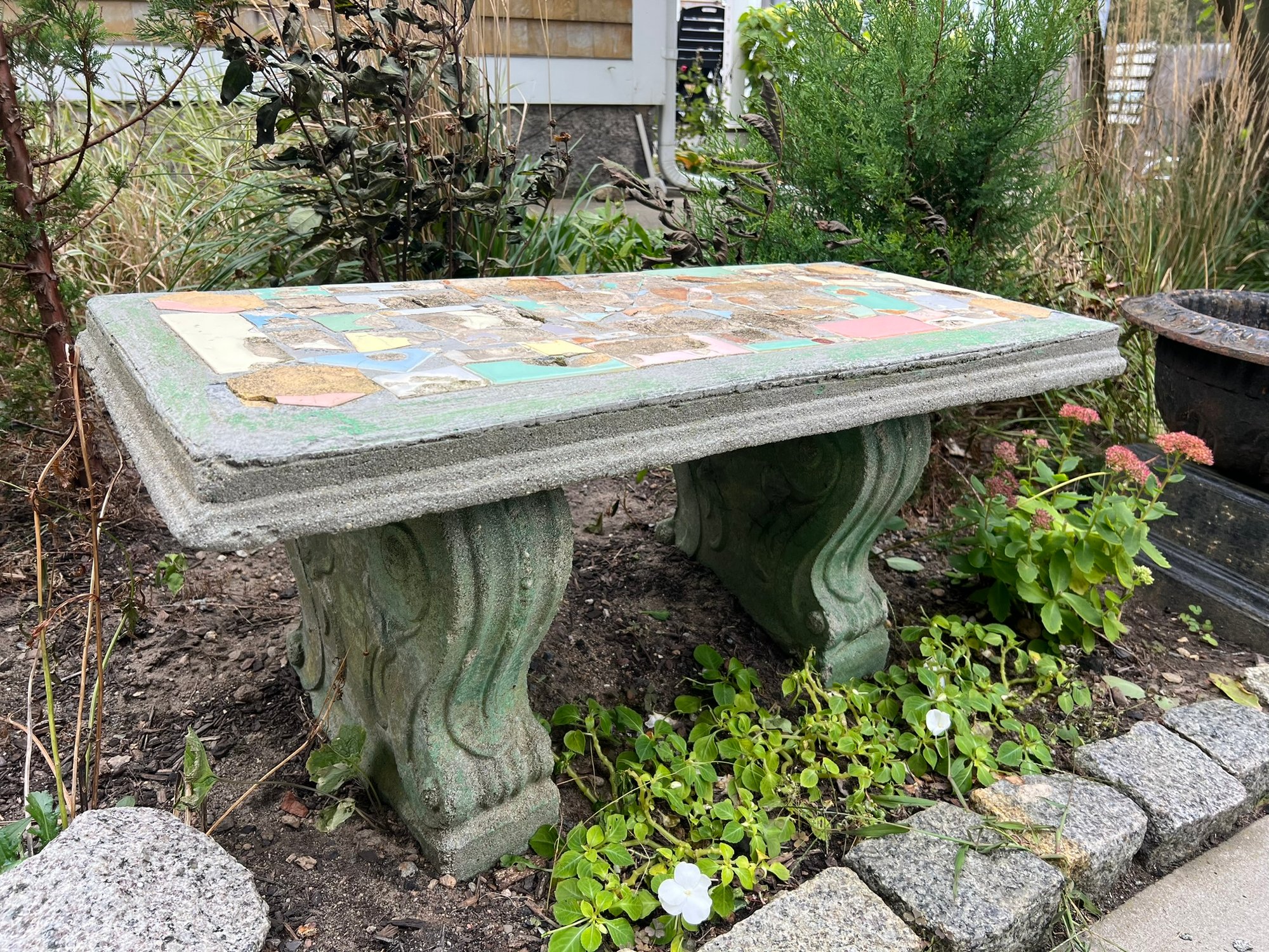 BY/ Concrete Mosaic Tile Garden Bench - 3 Pieces - Top And Two Legs ...