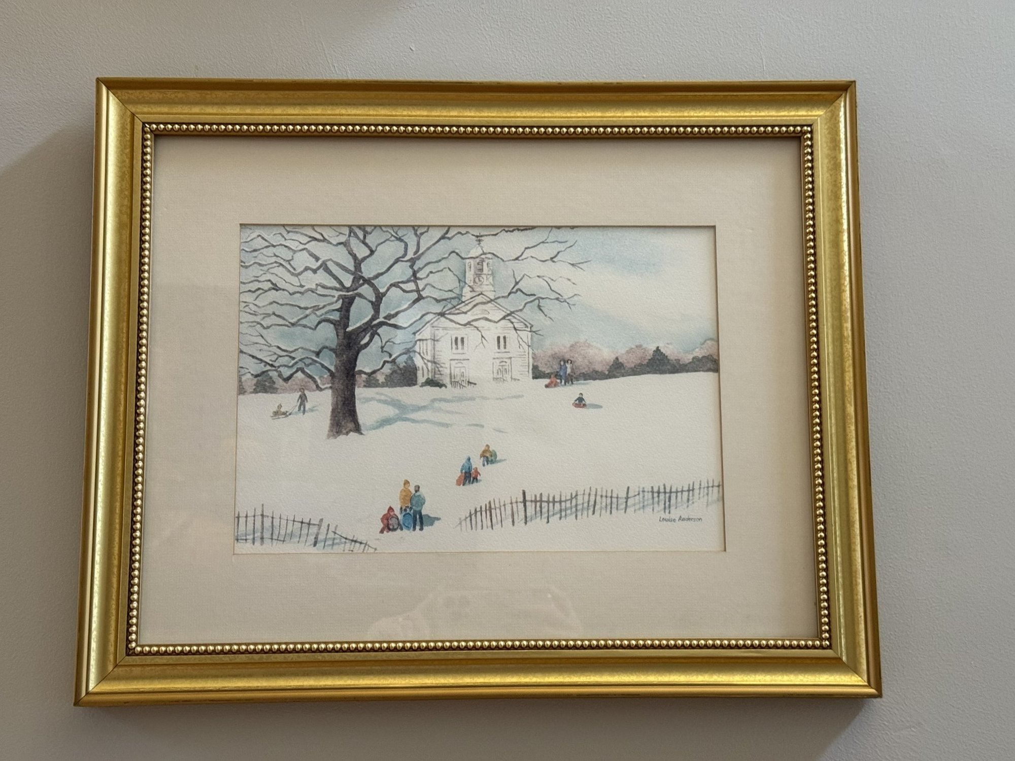 E/ Framed Watercolor Painting By Louise Anderson "Children Sledding" N ...