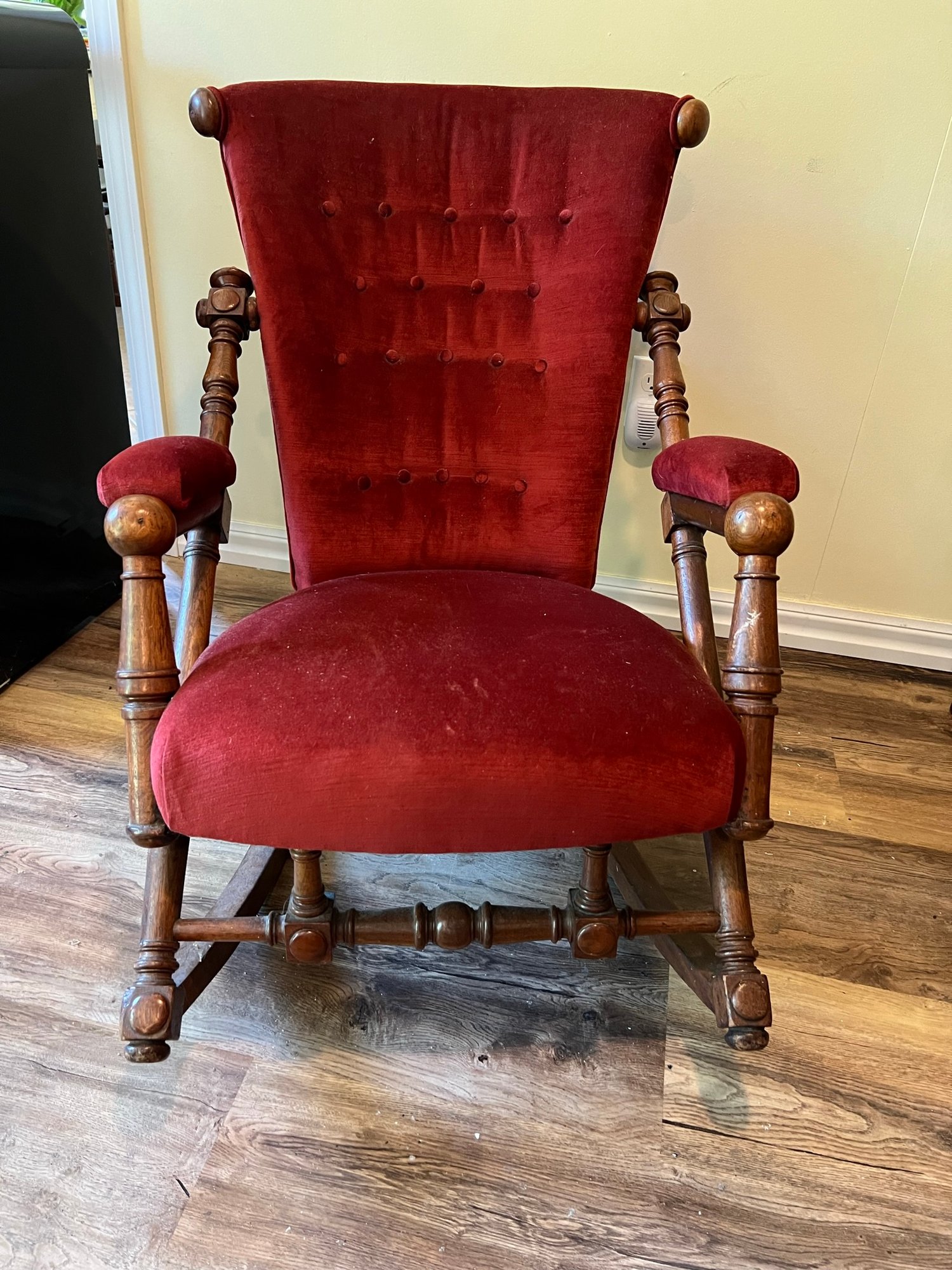 2LL/ Lovely Antique Wood Frame Rocker W Red Velvet Upholstered Seat ...