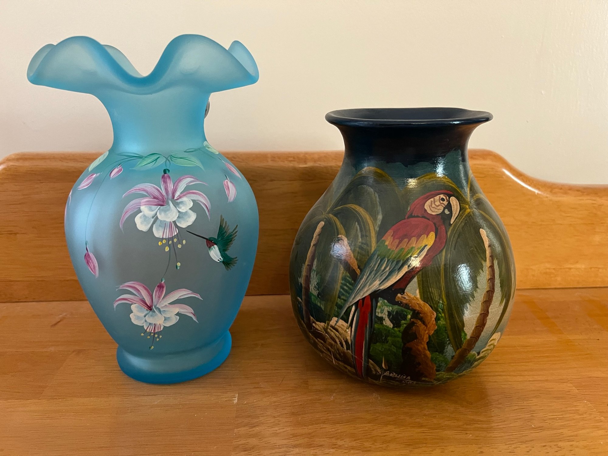 DR/ 2 Painted Vases - Sean K Fenton Art Glass Hummingbirds Flowers ...