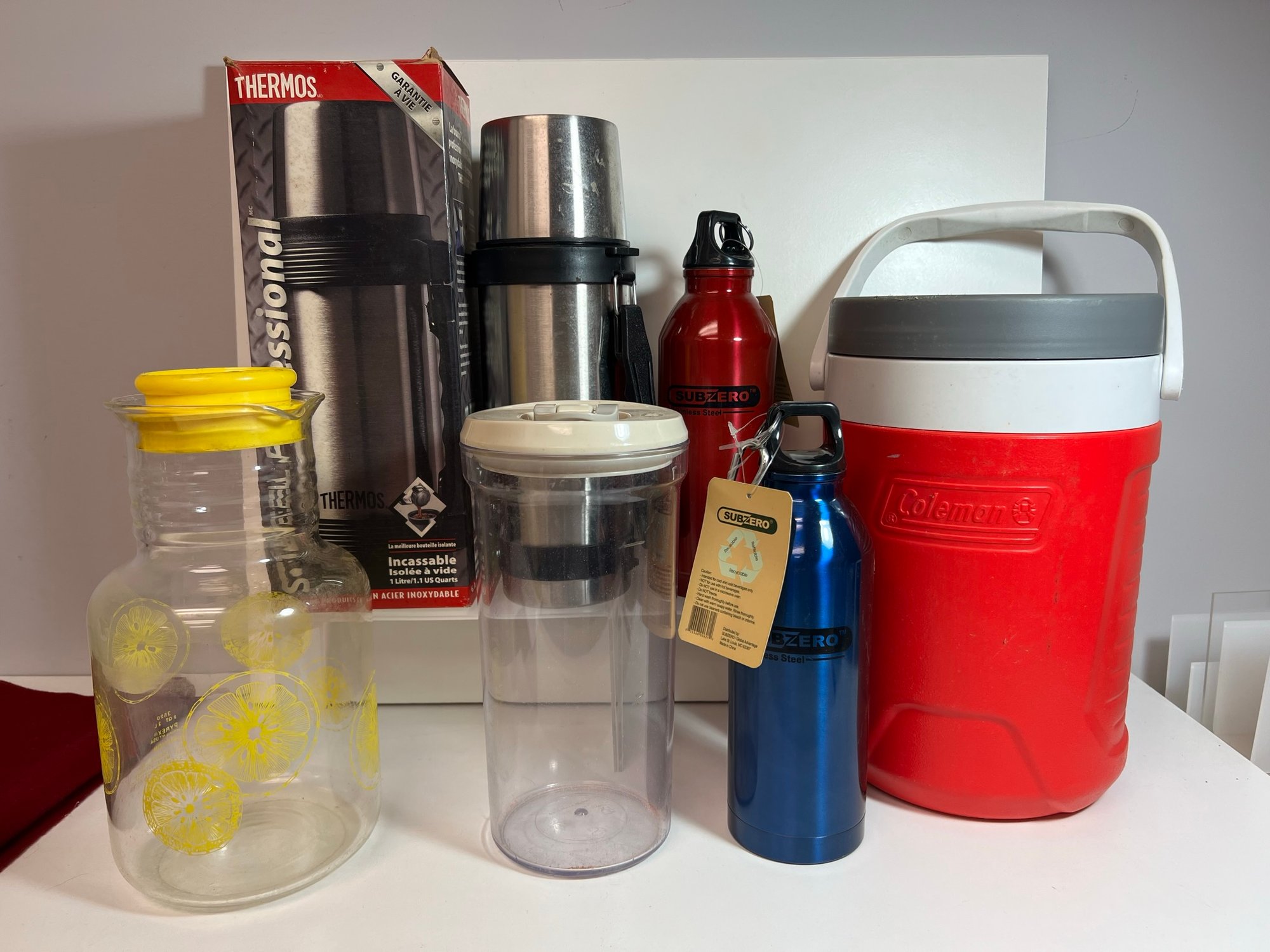 7 Pc Drink Storage Lot - New In Box Thermos & 1 Used Thermos, 2 New Sub ...