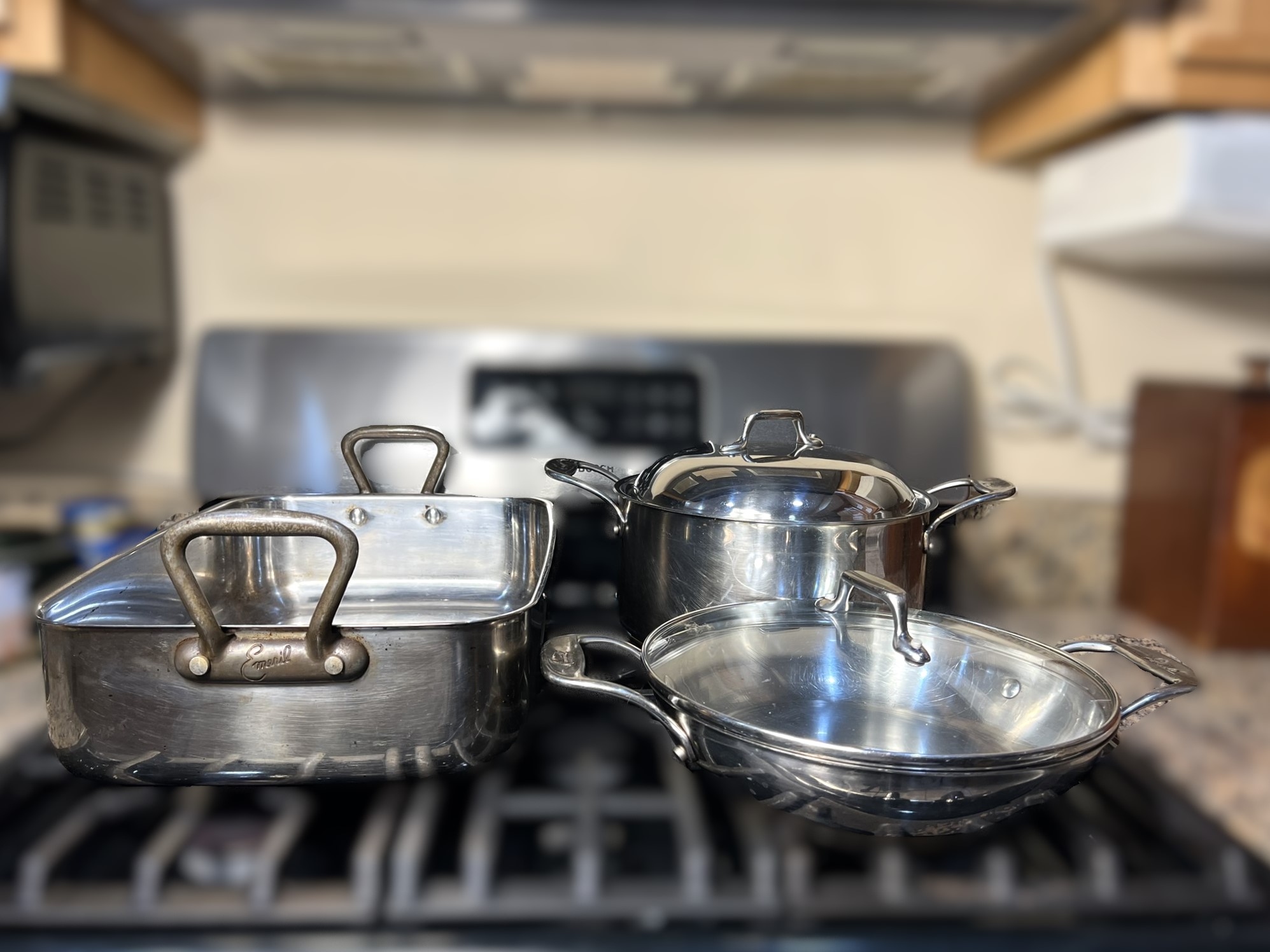 K/ 3 Pcs Emeril Cookware - Open Roasting Pan, 2 Round Pots W Glass ...