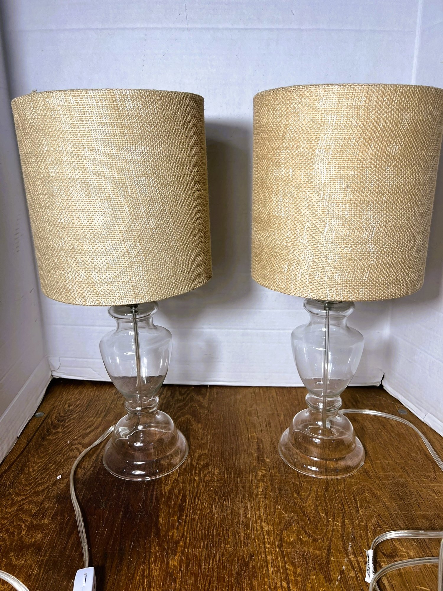 LLU/ 2 Clear Thing Glass Table Lamps With Burlap Look Shades, Toggle On ...