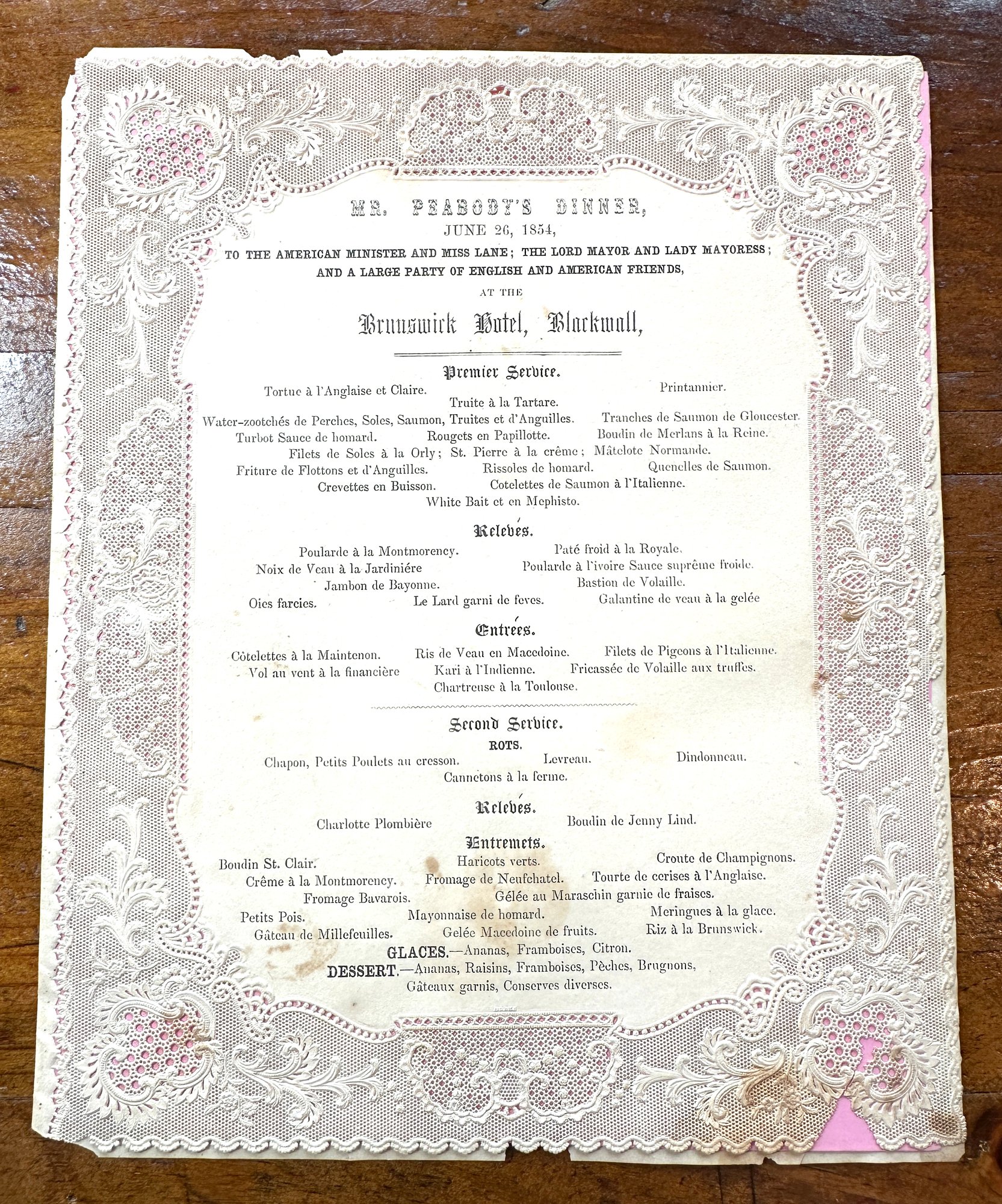 Lot 31- Stunning! 1854 Mr. Peabody's Dinner Menu At Brunswick Hotel ...