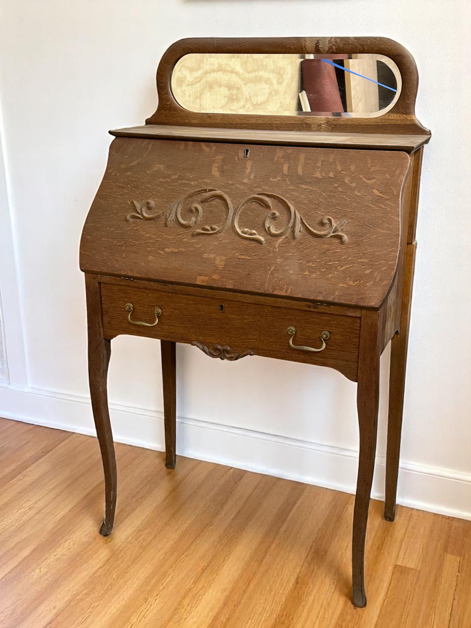Lot 312CH - Antique Oak Writing Hall Desk With Beveled Mirror ...