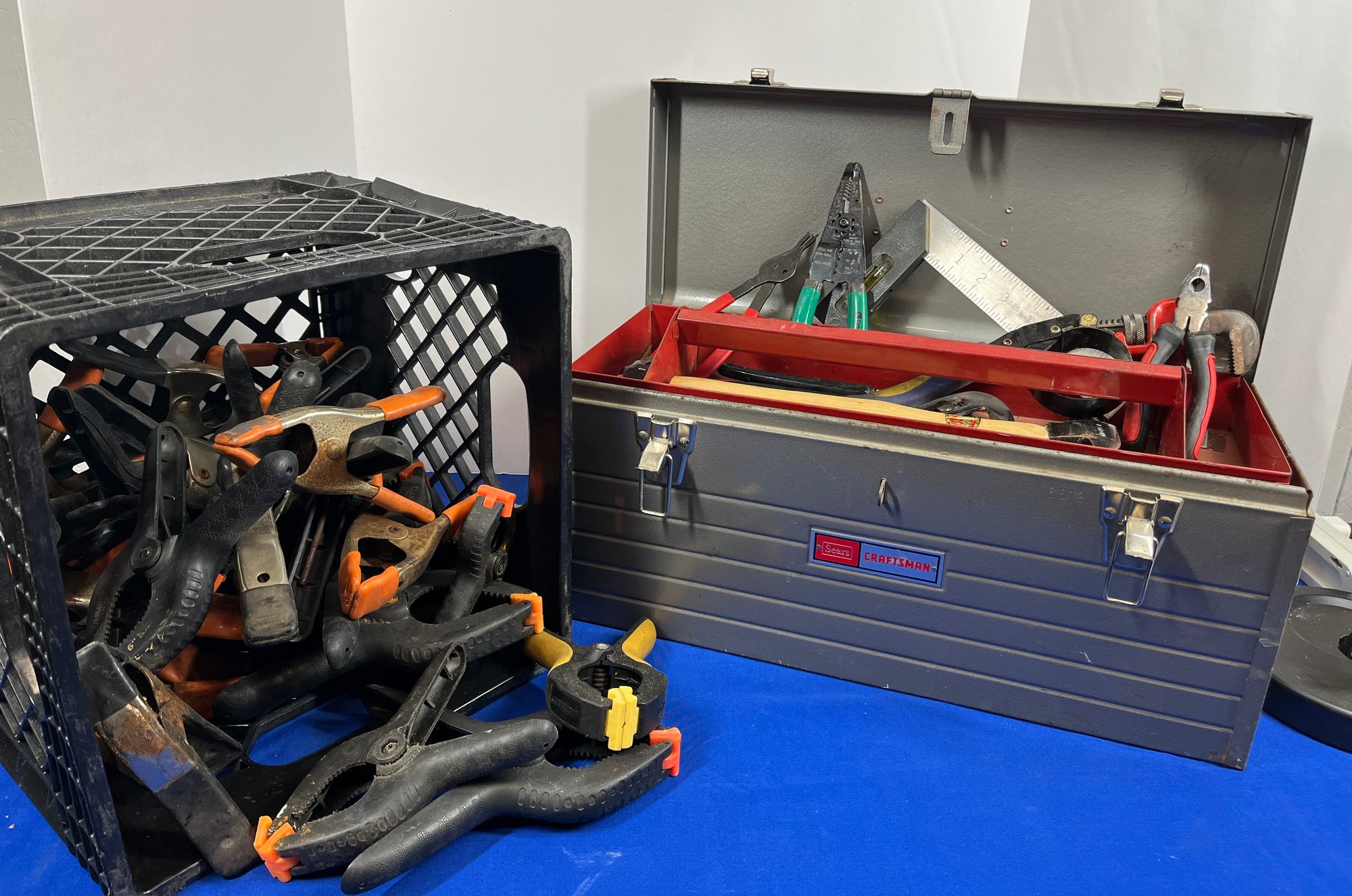 Lot 501- Craftsman Metal Tool Box With Tools - Bin Of Clamps - Vice ...