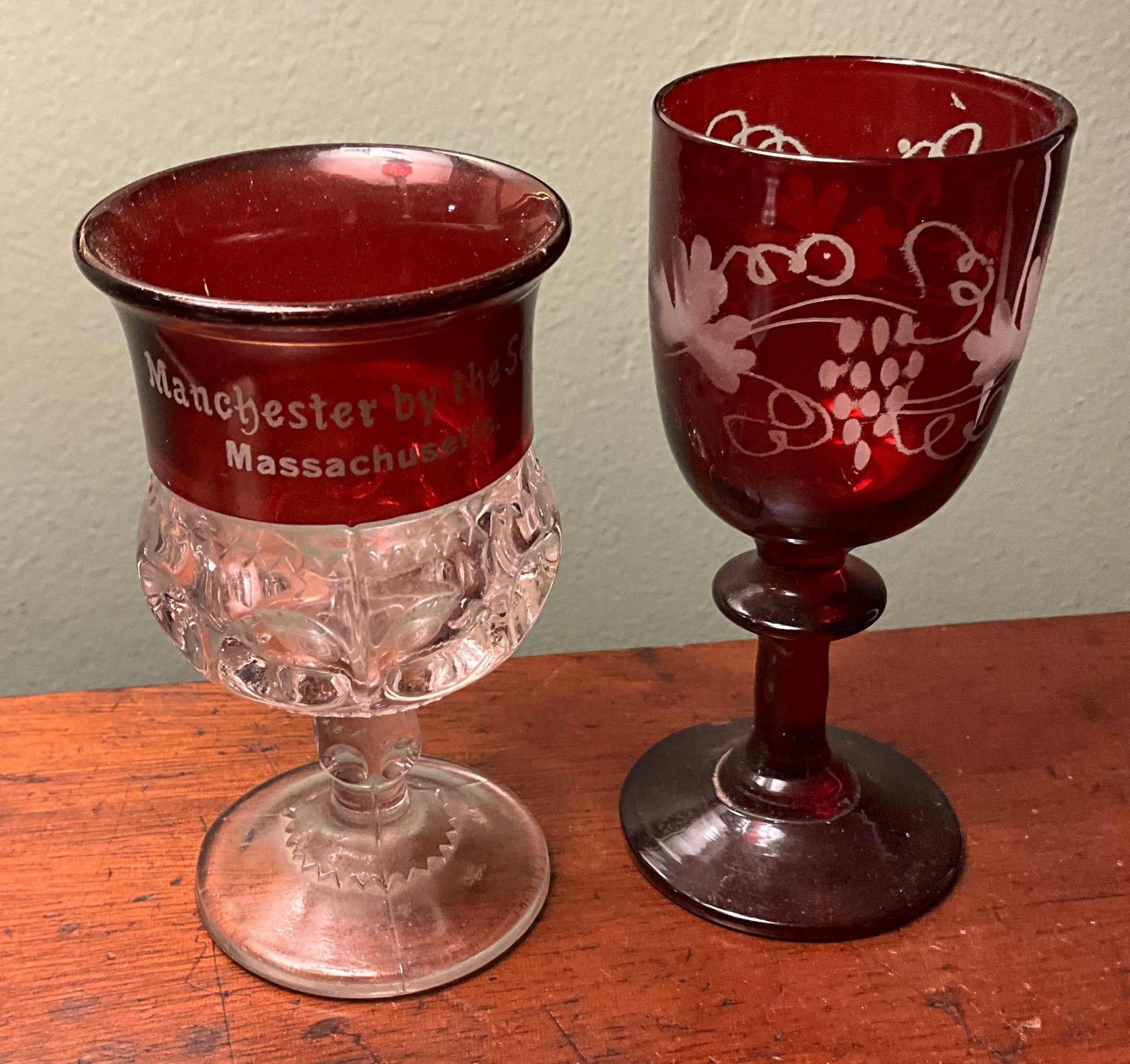 Lot 64- 1900s Souvenir Manchester By The Sea Etched Ruby Red Glasses ...