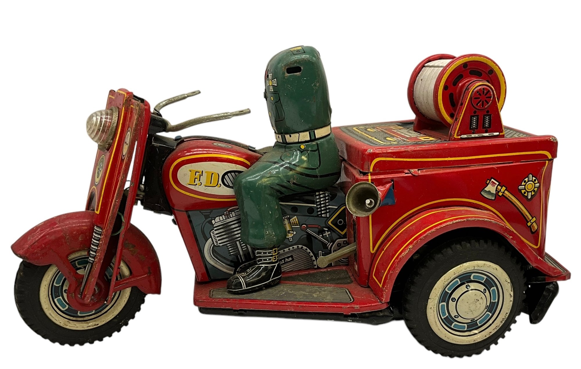 Lot 35SES- Tin Toy Vintage Fireman Fire Dept. Motorcycle No. 3 - Japan ...