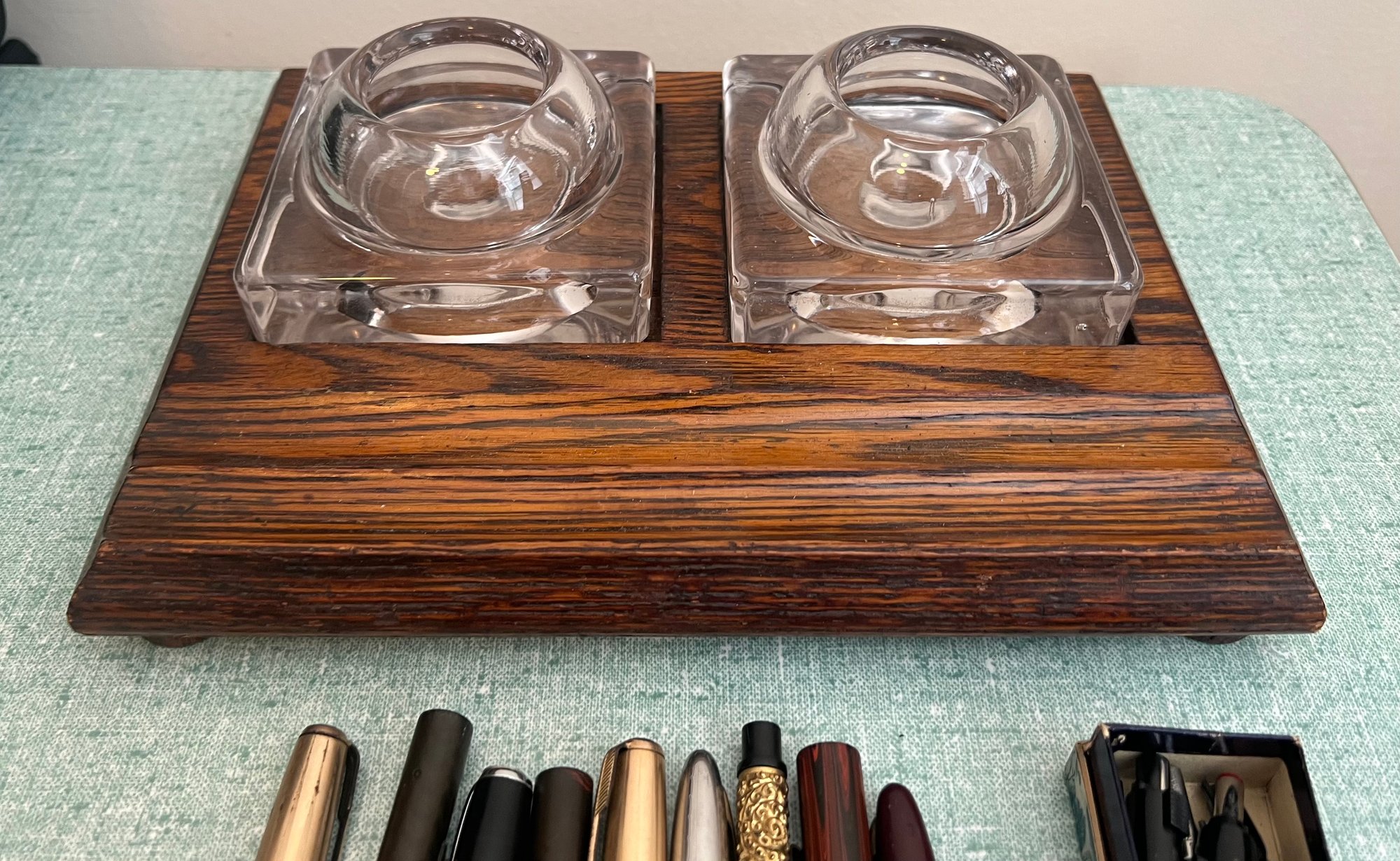 Vintage Wooden Desk Top Ink Well With 9 Fountain Pens #107827 ...