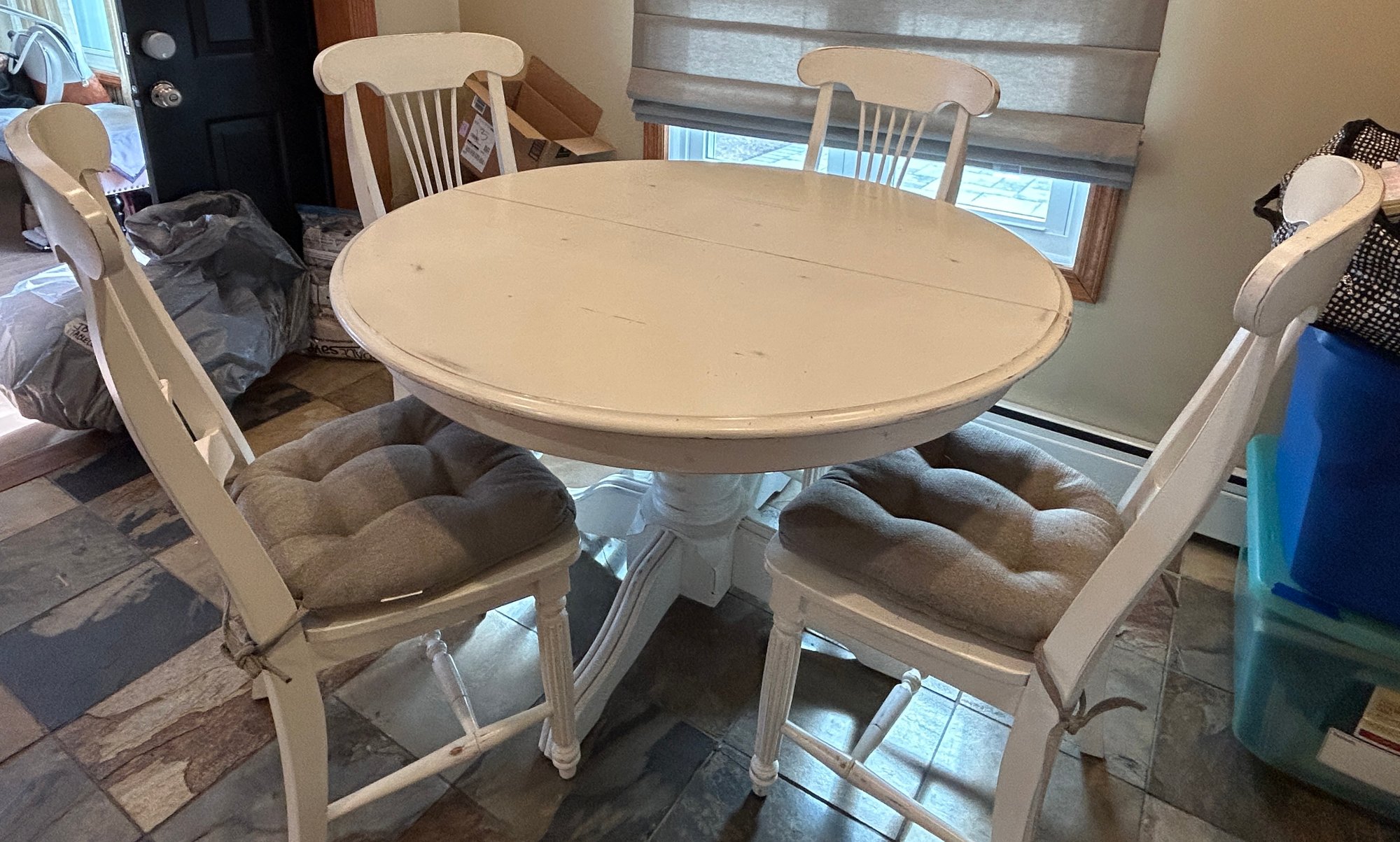 Shabby Chic Farmhouse Style Round Wood Table With 4 Chairs, 5 Piece Lot ...