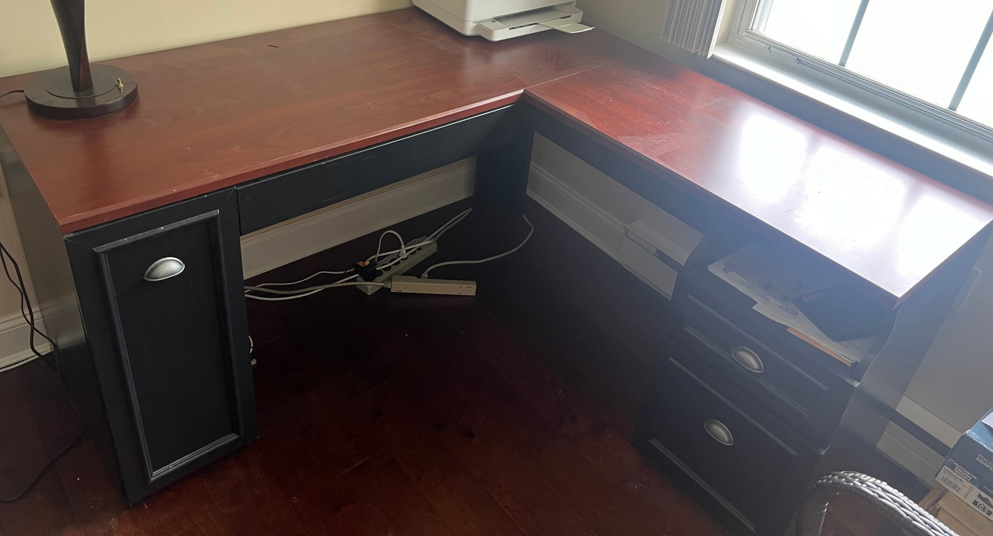 Farmhouse Wood L-Shaped Computer Desk In Antique Black/Cherry #110649 ...