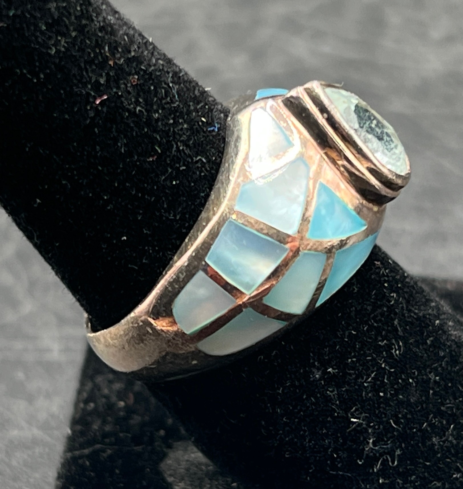 Sterling Silver Ring With Blue Topaz Center & Mother-of-pearl Inlay ...