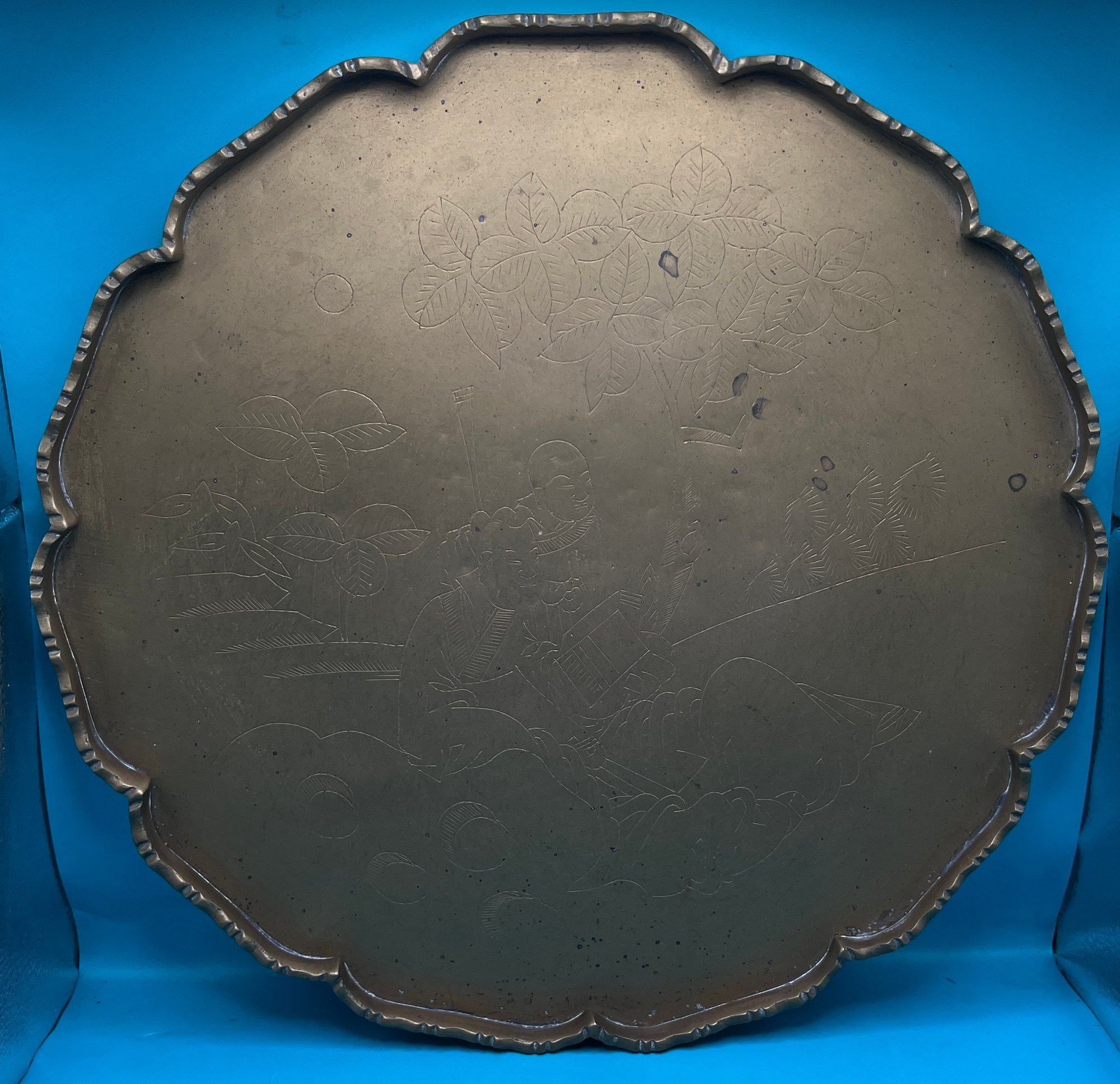Brass Chinese Hand Etched Mandarin Floral Serving Round Tray Platter ...
