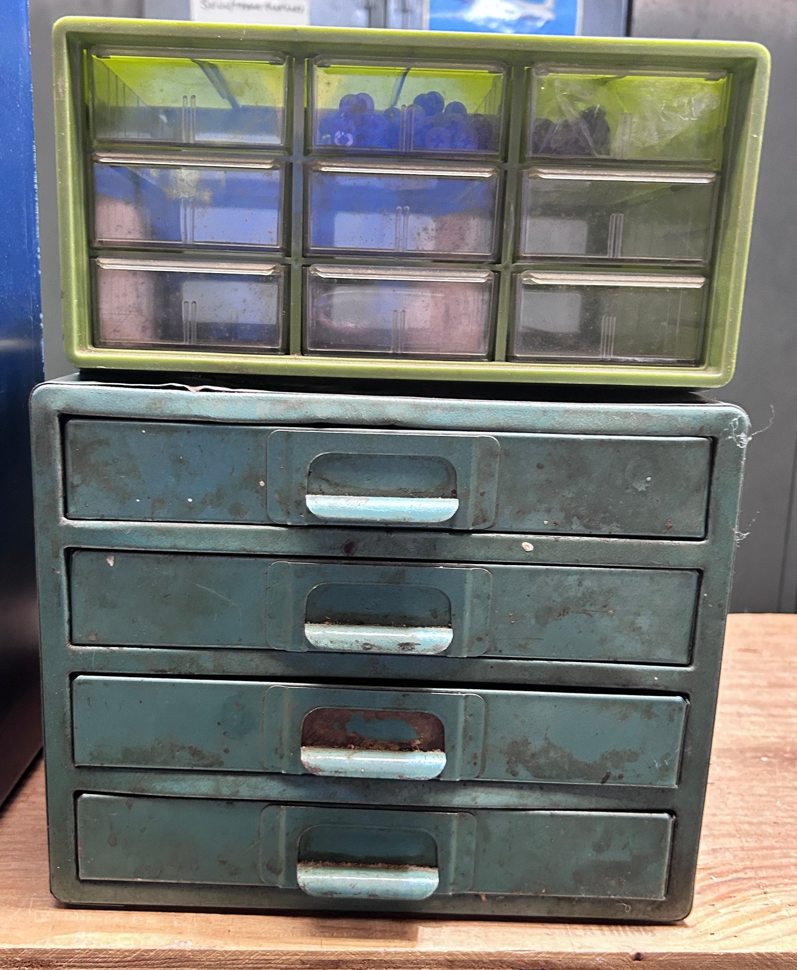 4 Drawer Metal Part Organizer And 9 Drawer Parts Organizer Filled With ...