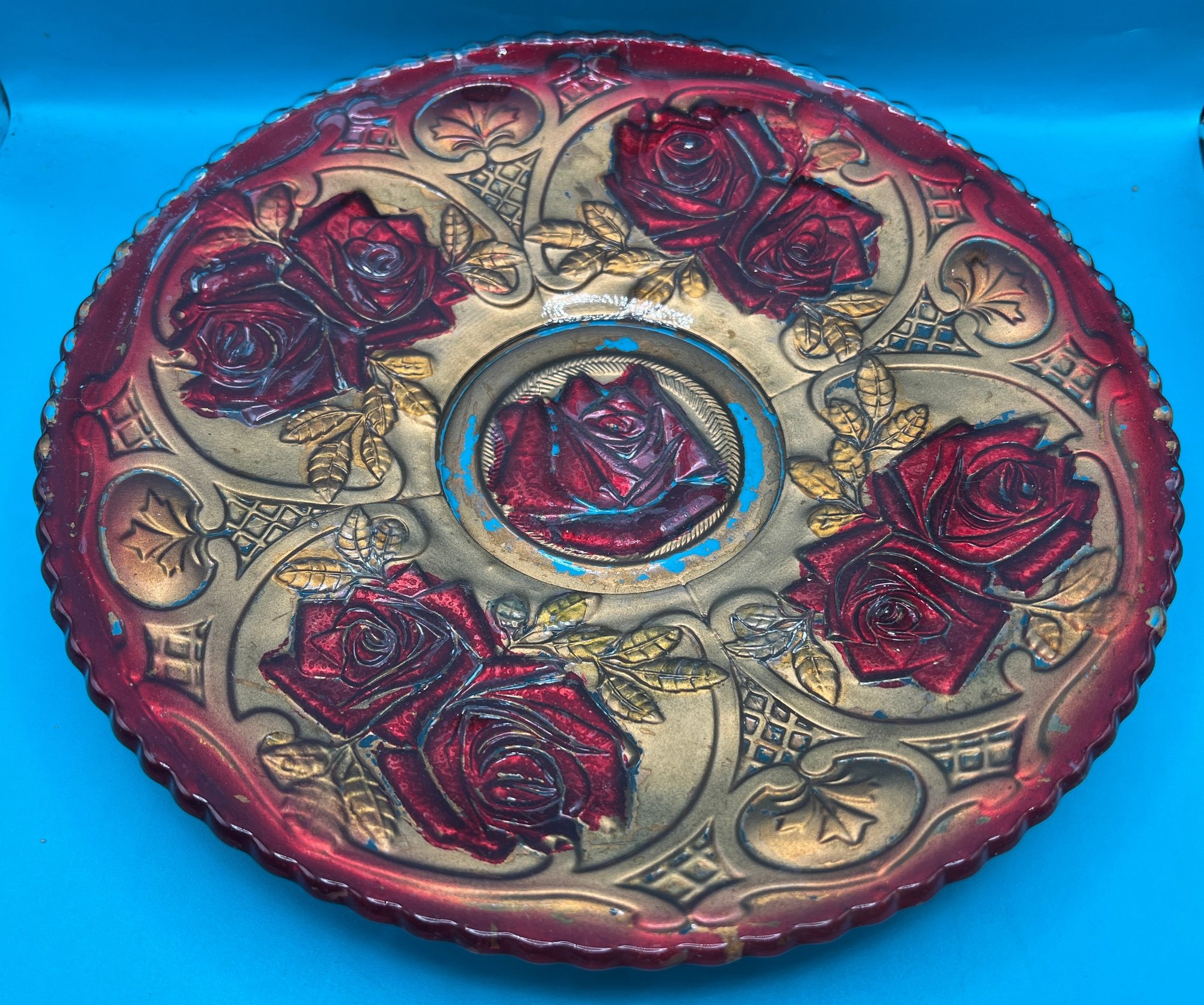 Indiana Glass Goofus Red/Gold Rose Pattern Dish #133387 | Auctionninja.com
