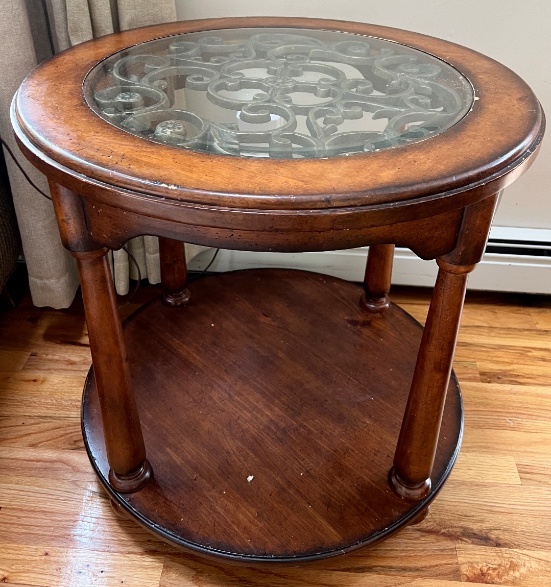 Circular Wood & Glass Top Iron Scroll End Table #134767 | Auctionninja.com