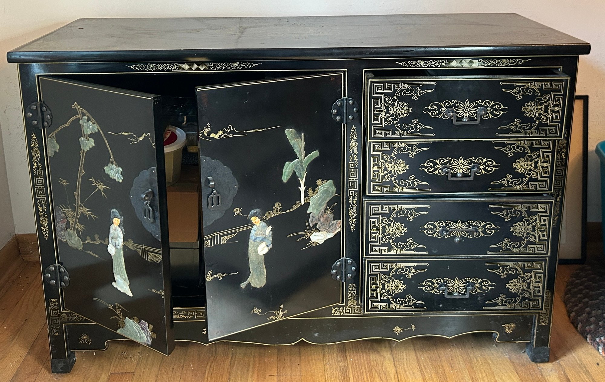 Chinese Chinoiserie Lacquered Side Cabinet With Mother Of Pearl Inlays ...