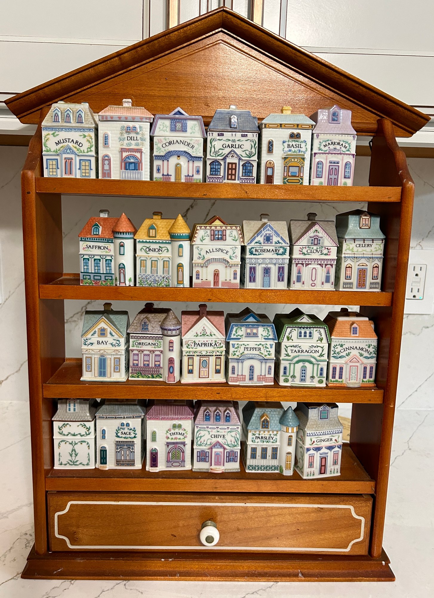 Lenox Porcelain Spice Village Jars And Wooden Spice Rack, 25 Piece Lot ...