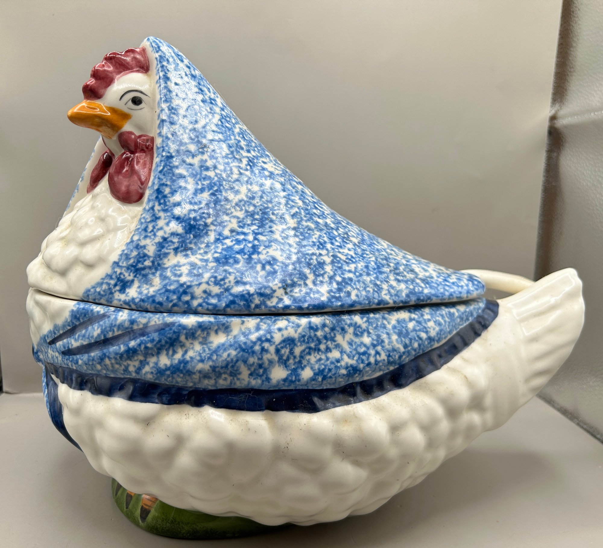 Vintage Blue Stipple Ceramic Mother Hen Chicken Soup Tureen & Ladle, 2 ...