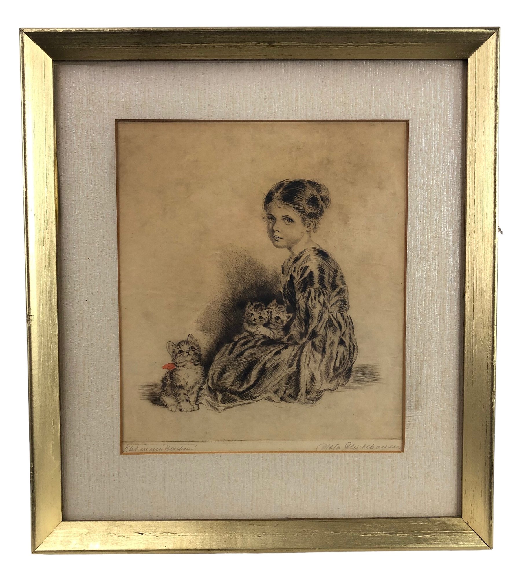 "Young Girl With Three Kittens" Etching, Signed Meta Pluckebaum (1876 ...