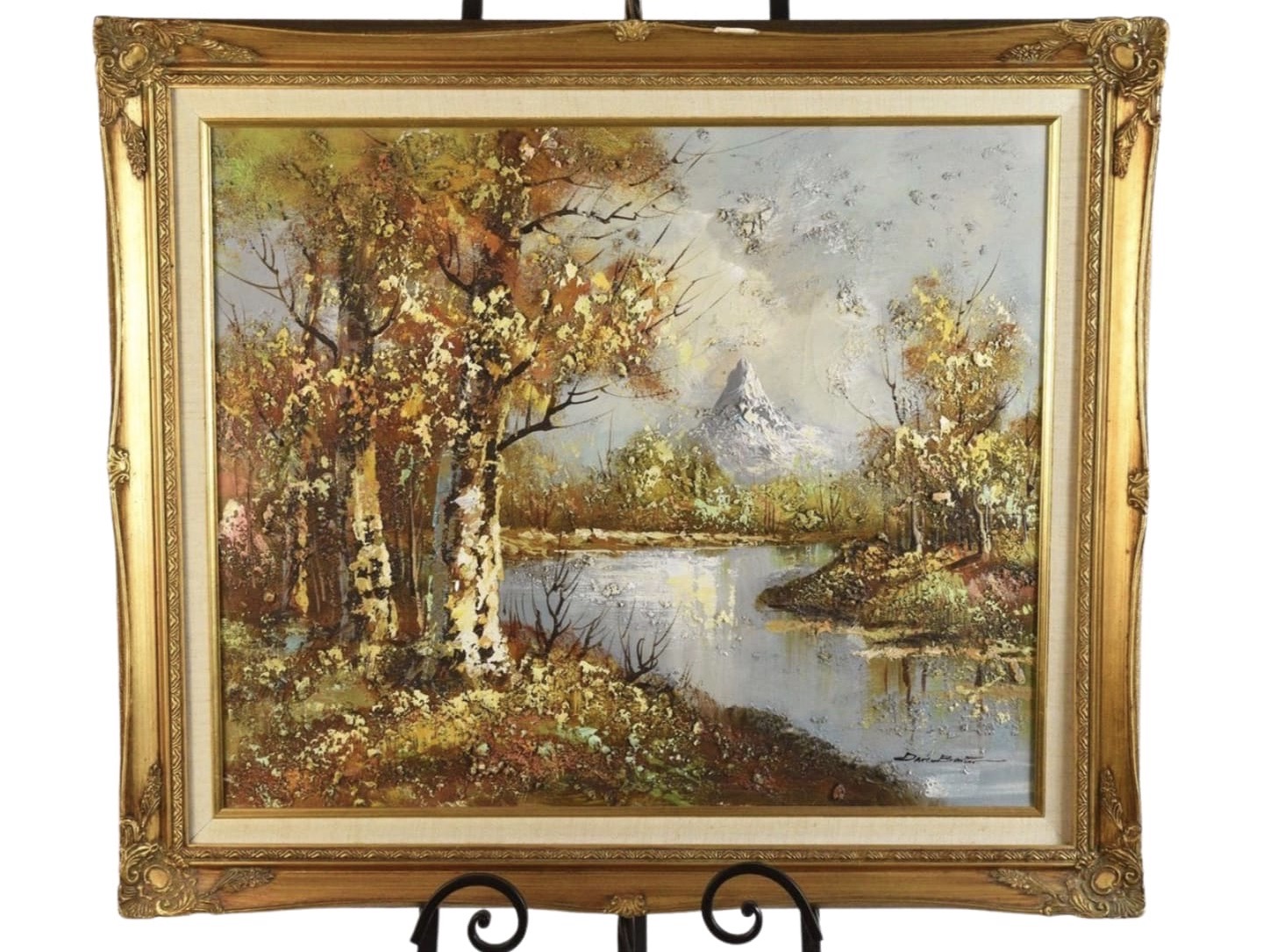 Woodland & Mountain Lake Landscape Painting Oil On Canvas In Gold Toned ...
