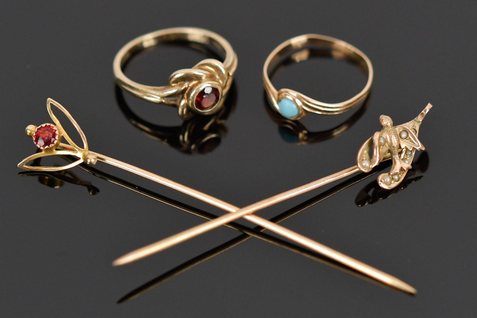 Two Antique 10k Gold Stick Pins & Two Antique 10k Gold Rings (CTF10 ...