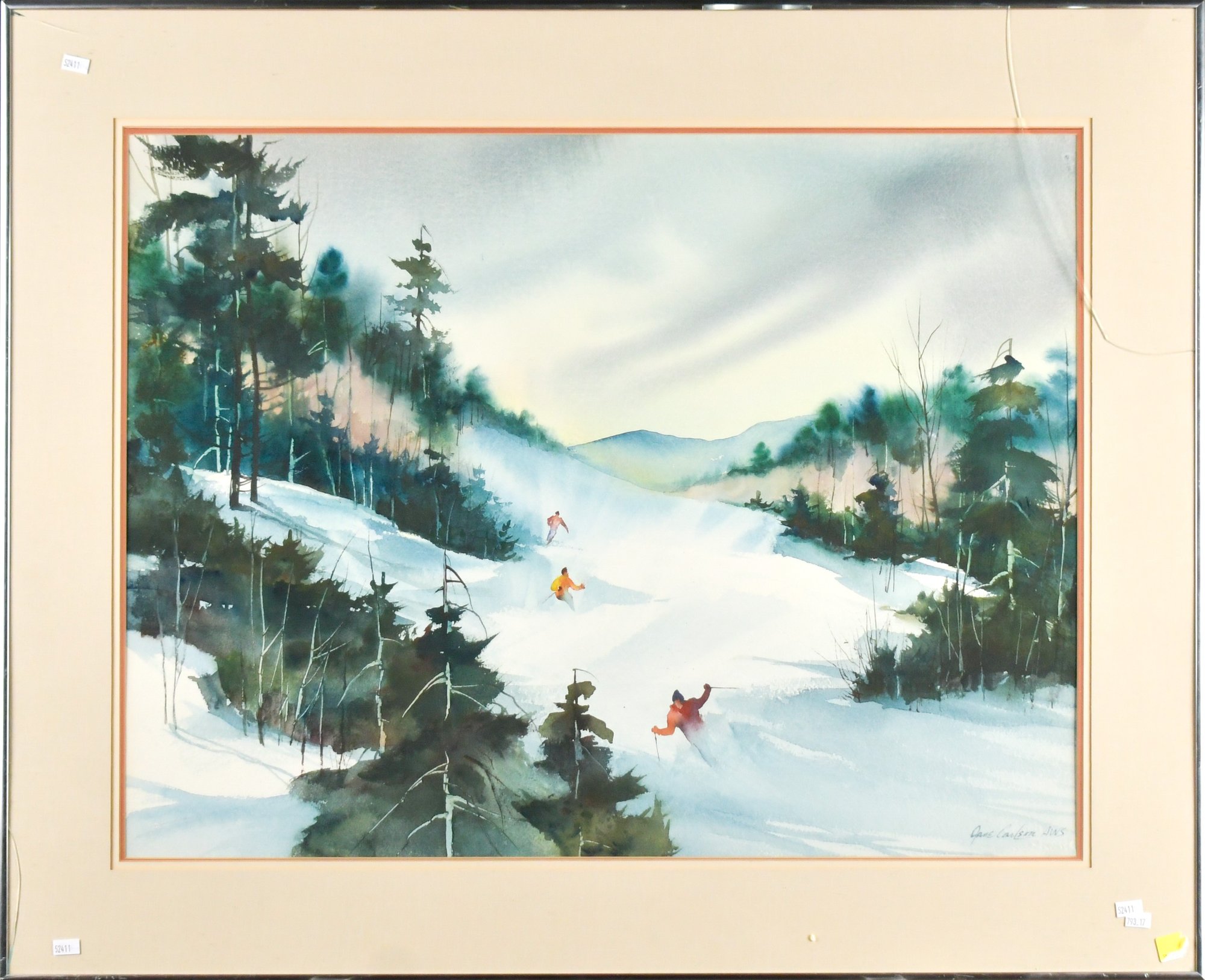 Jane Carlson Watercolor, Ski Scene (CTF20) #52411 | Auctionninja.com