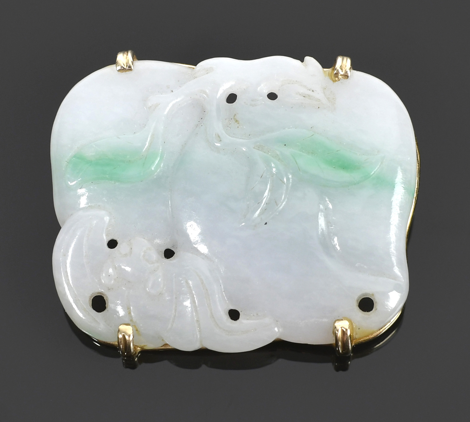 14k Gold Frame White & Green Jade Bat & Peaches Pin (CTF10) #41110 ...