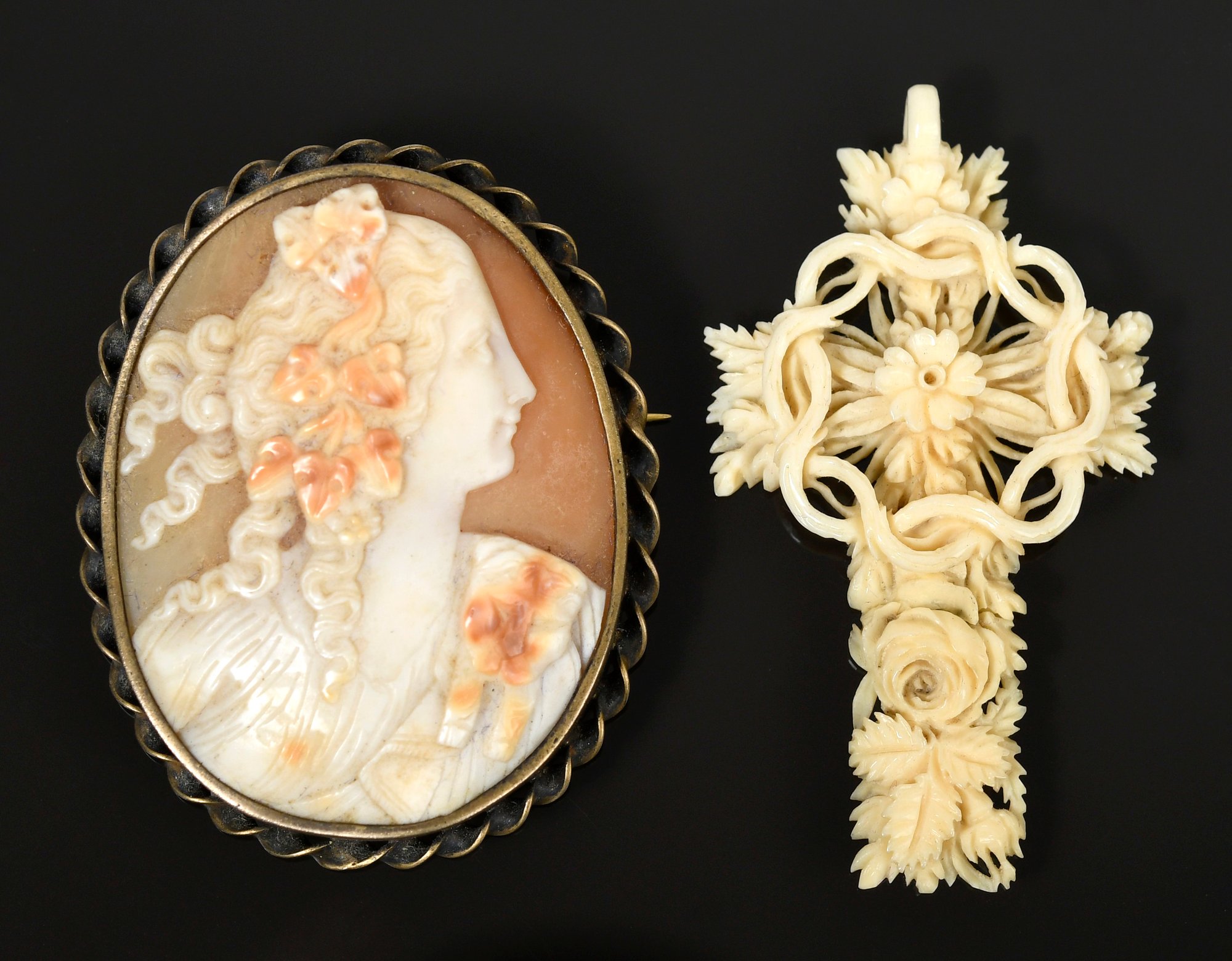 Antique Shell Cameo Pin & Carved Bone Cross (CTF10) #41239 ...