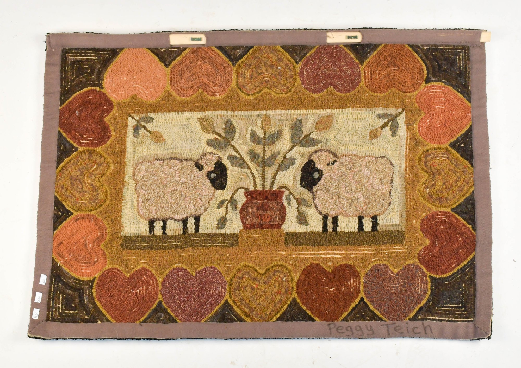 Peggy Teich Hooked Rug, Lamb/hearts (CTF10) #36384 | Auctionninja.com