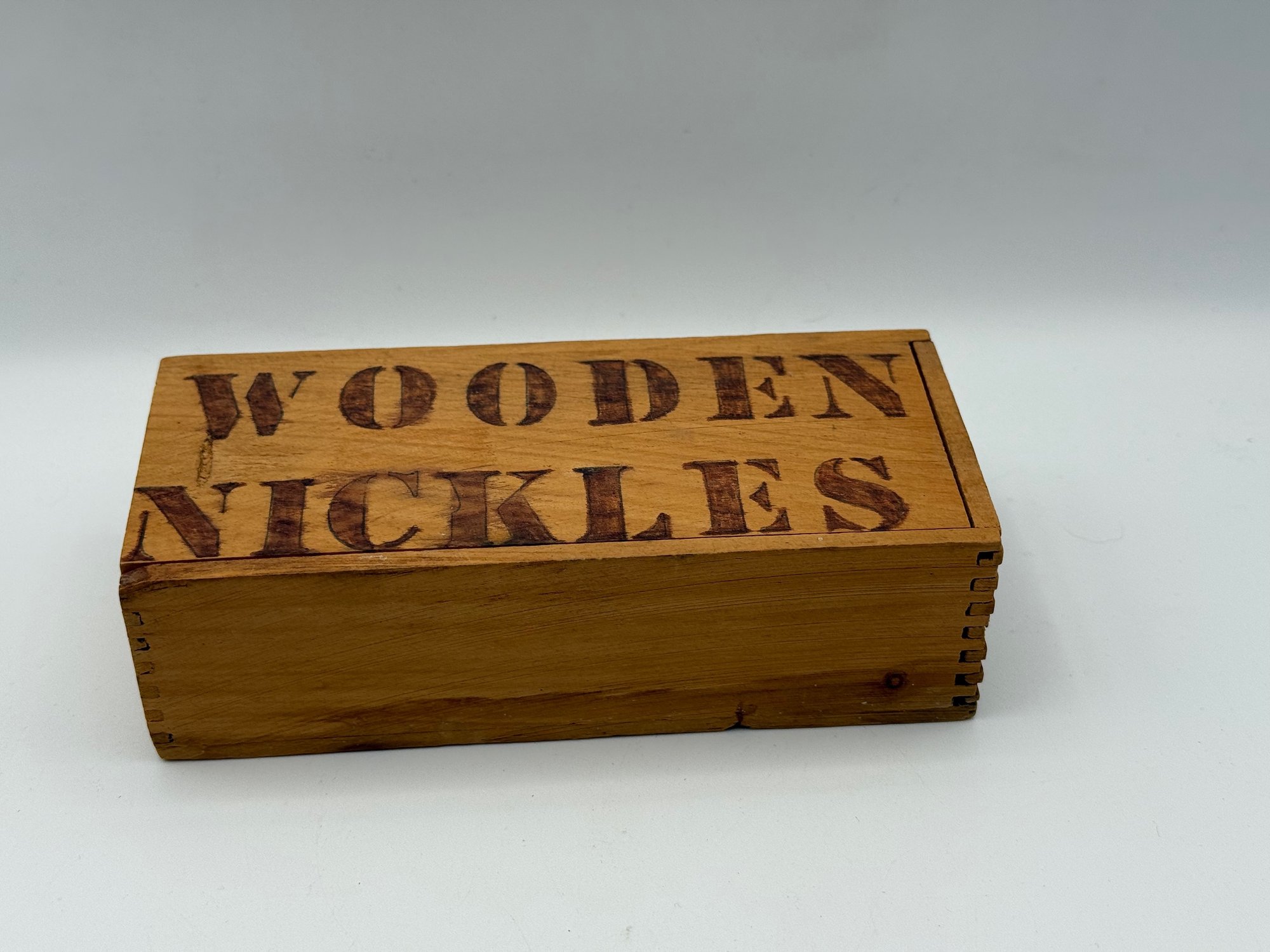 Vintage Wooden Nickels Box With Wooden Nickles, Tokens, Dove Tailed Box ...