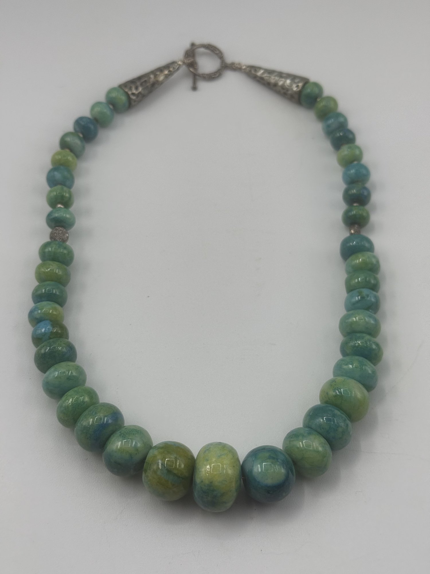 Aqua Green Blue Glass Bead Necklace With Silvertone Findings, Chunky ...