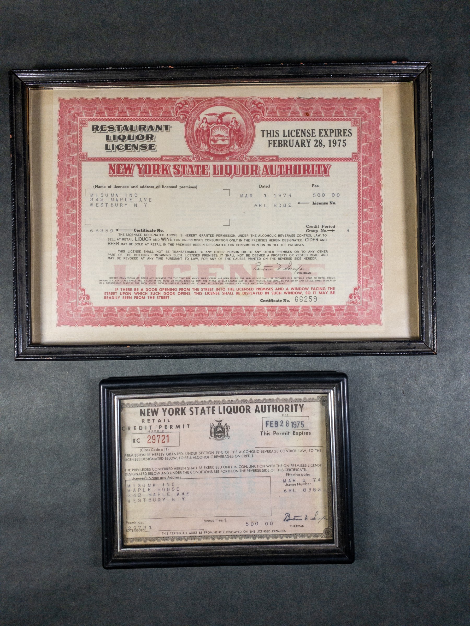 Vintage New York State Liquor Authority License Set 1974-1975 Framed ...