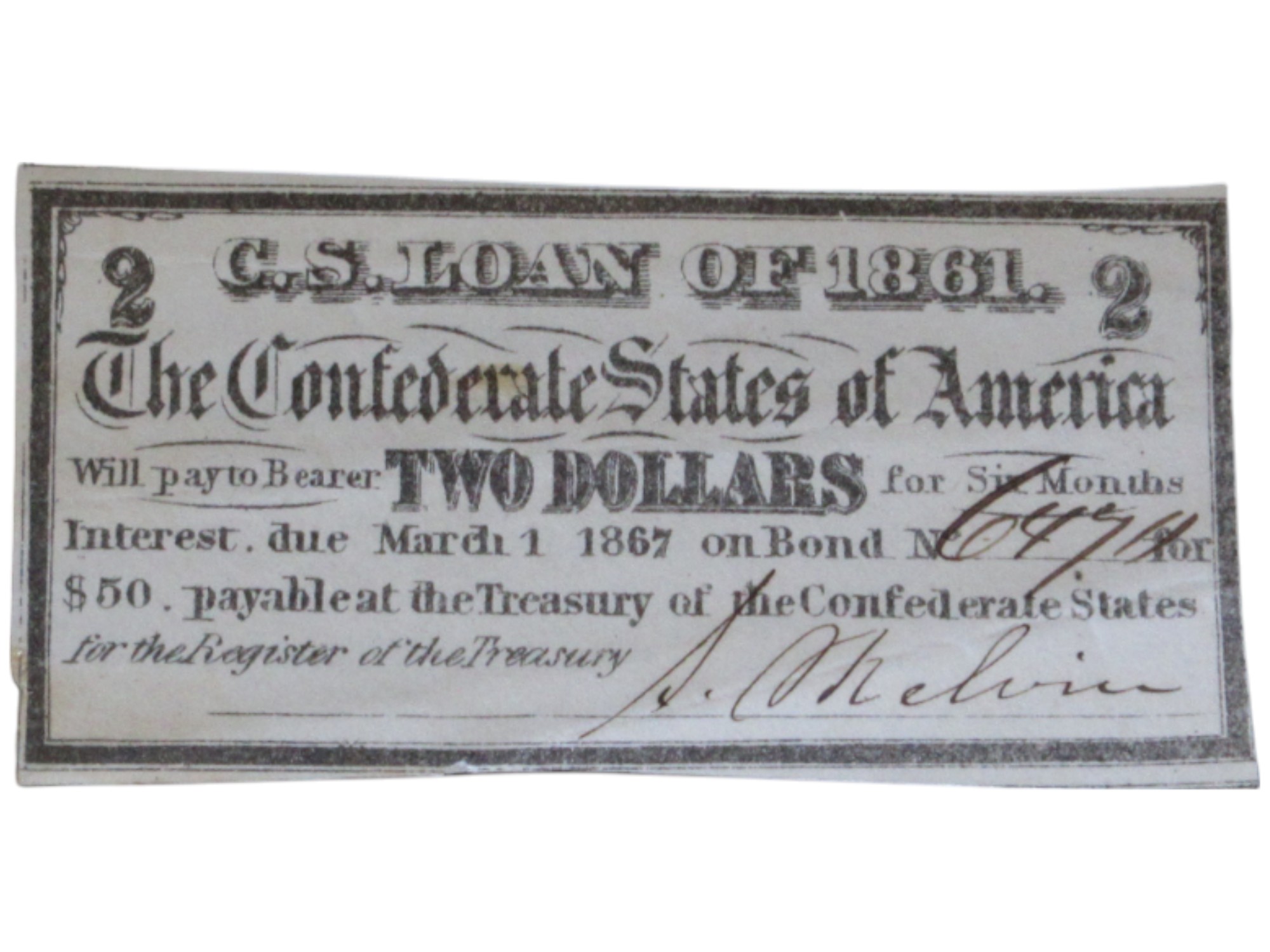 Confederate States of America $2 Banknote 1861 Currency #7787 ...