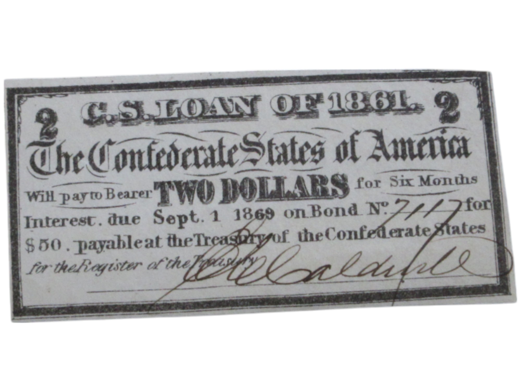 Civil War Era Confederate States 1861 $2 Treasury Note #8139 ...