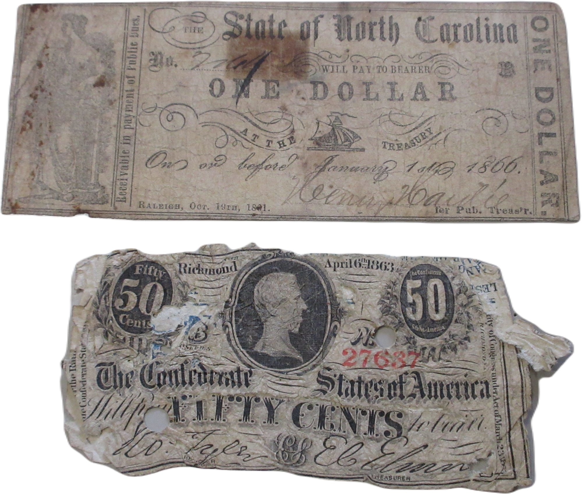 $1 1866 Obsolete North Carolina And 50 Cent Confederate 1863 #2109 ...