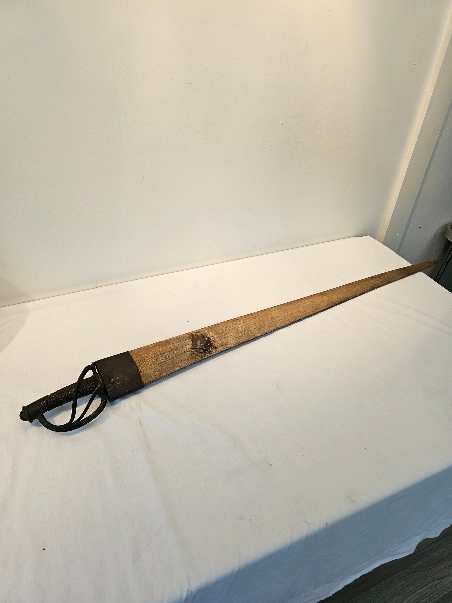 Swordfish Bill Sword With Painted Ship Very Old #6855 | Auctionninja.com
