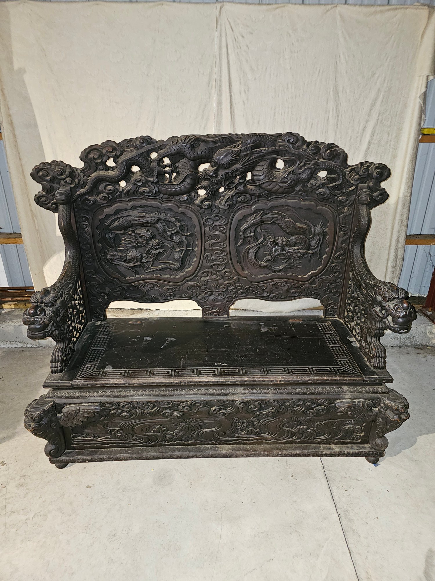 Japanese Bench Hand Carved Dragons Meiji Period #8050 | Auctionninja.com