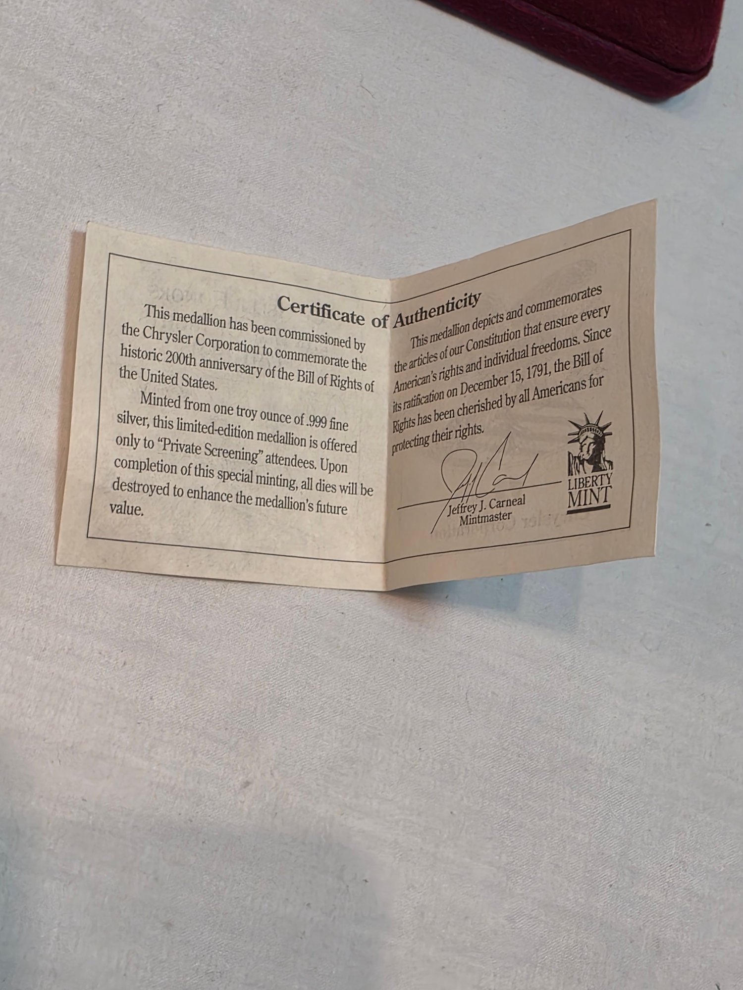 Chrysler Bill Of Rights Commemorative 1 Ounce Silver Round #11834 ...