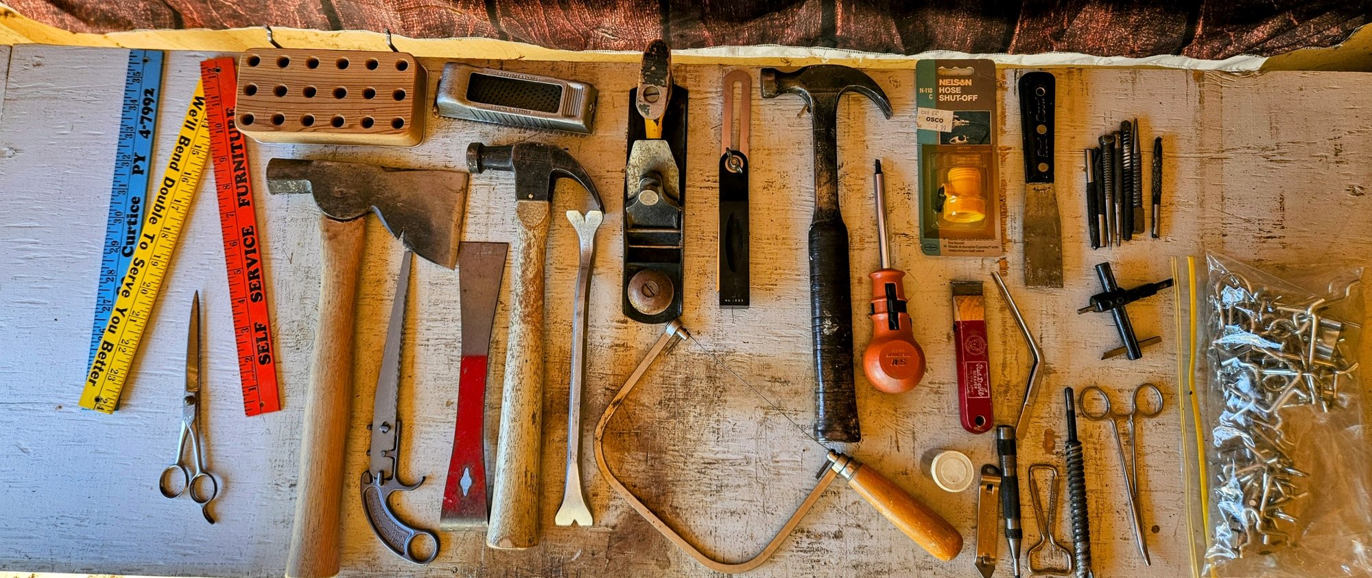 Vintage Assortment Of Tools , INC, Hammers , Planer , Saw , Peg Board ...