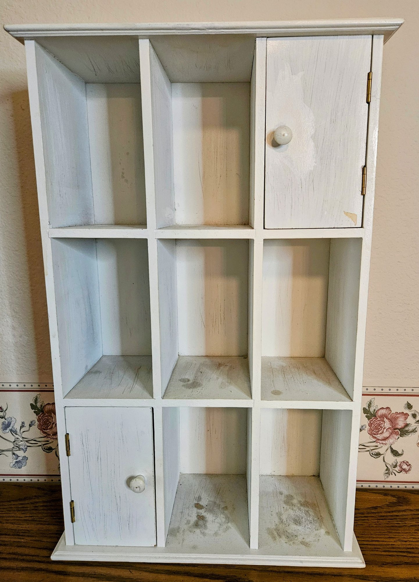 Vintage White Distressed Wood Wall Shelf Unit With Doors #21609 ...